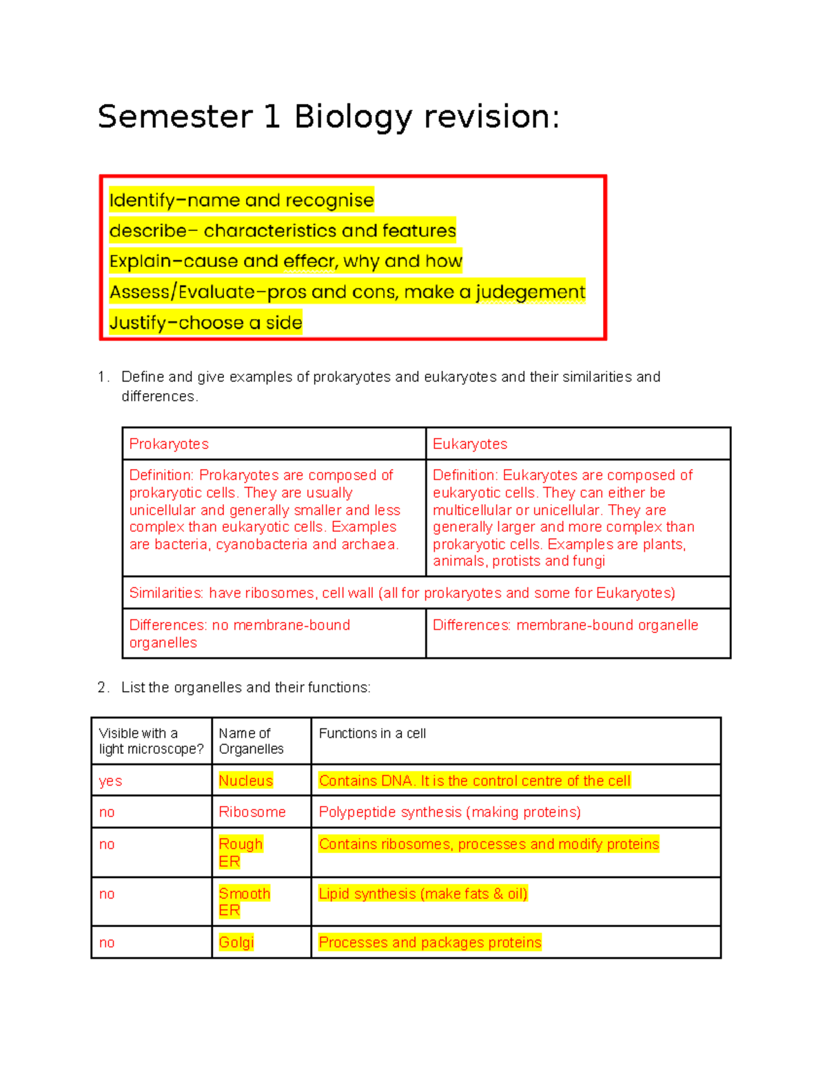 Semester 1 revision - bio - Semester 1 Biology revision: Define and ...
