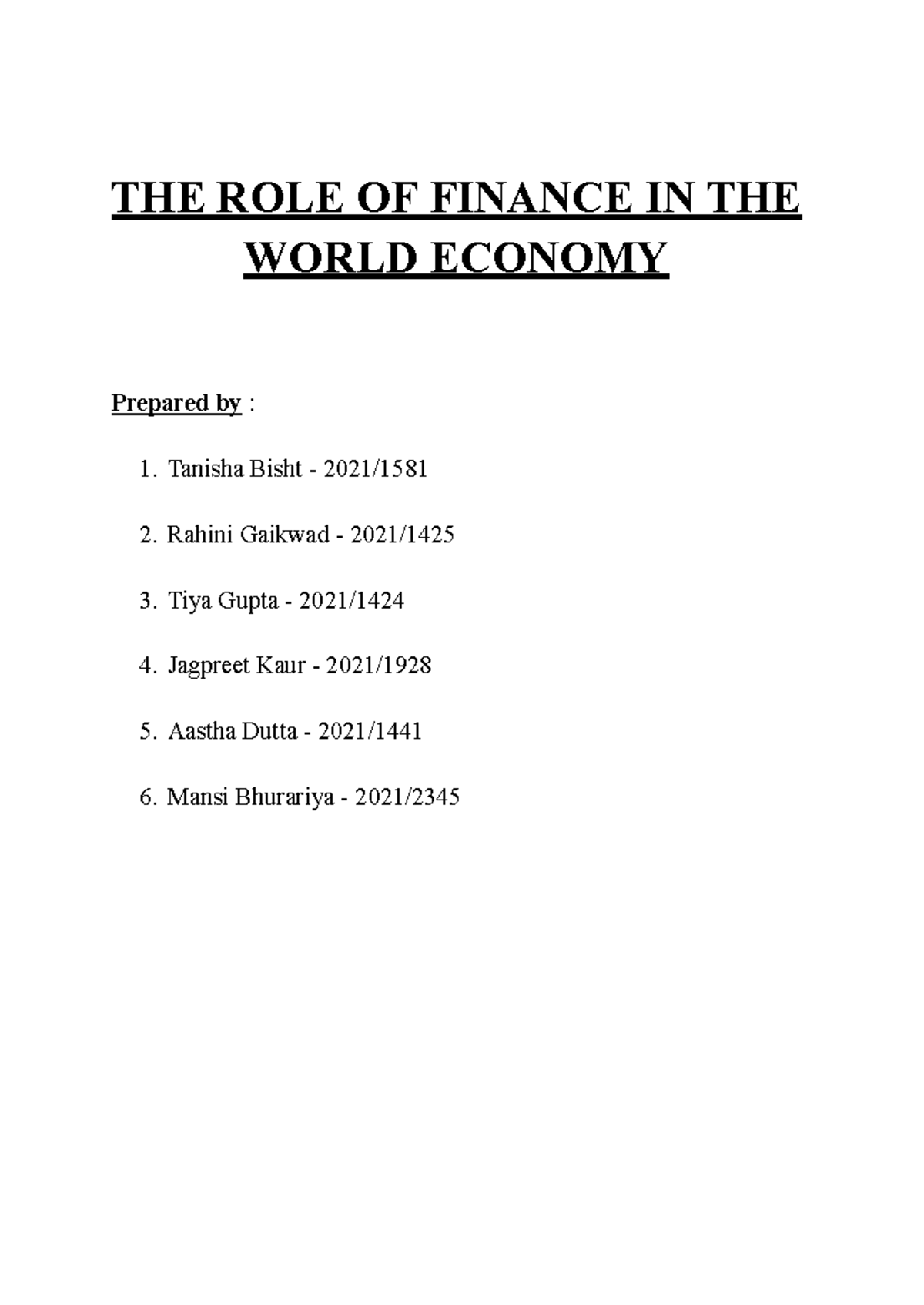 The Role of Finance in World Economy - THE ROLE OF FINANCE IN THE WORLD ...