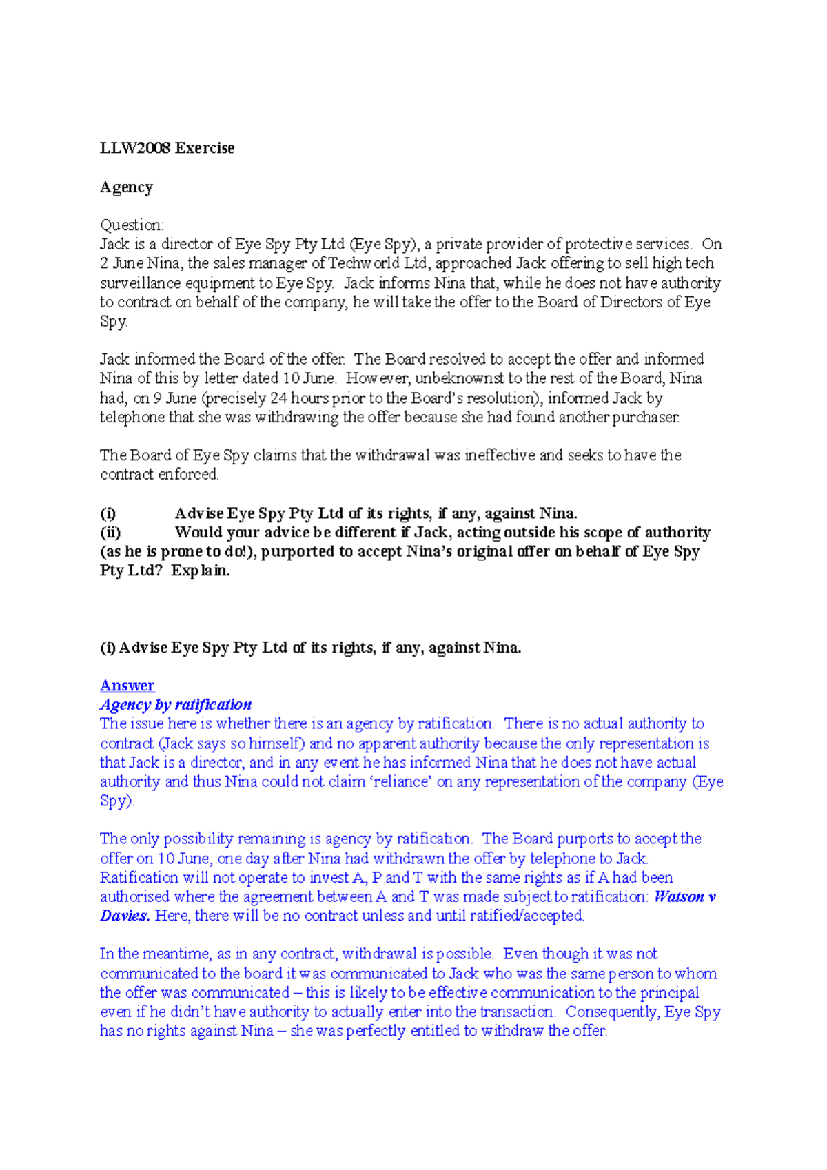 LLW2008 Session 2 Exercise Agency Questions and Answer Outline - LLW2008 Exercise Agency ...