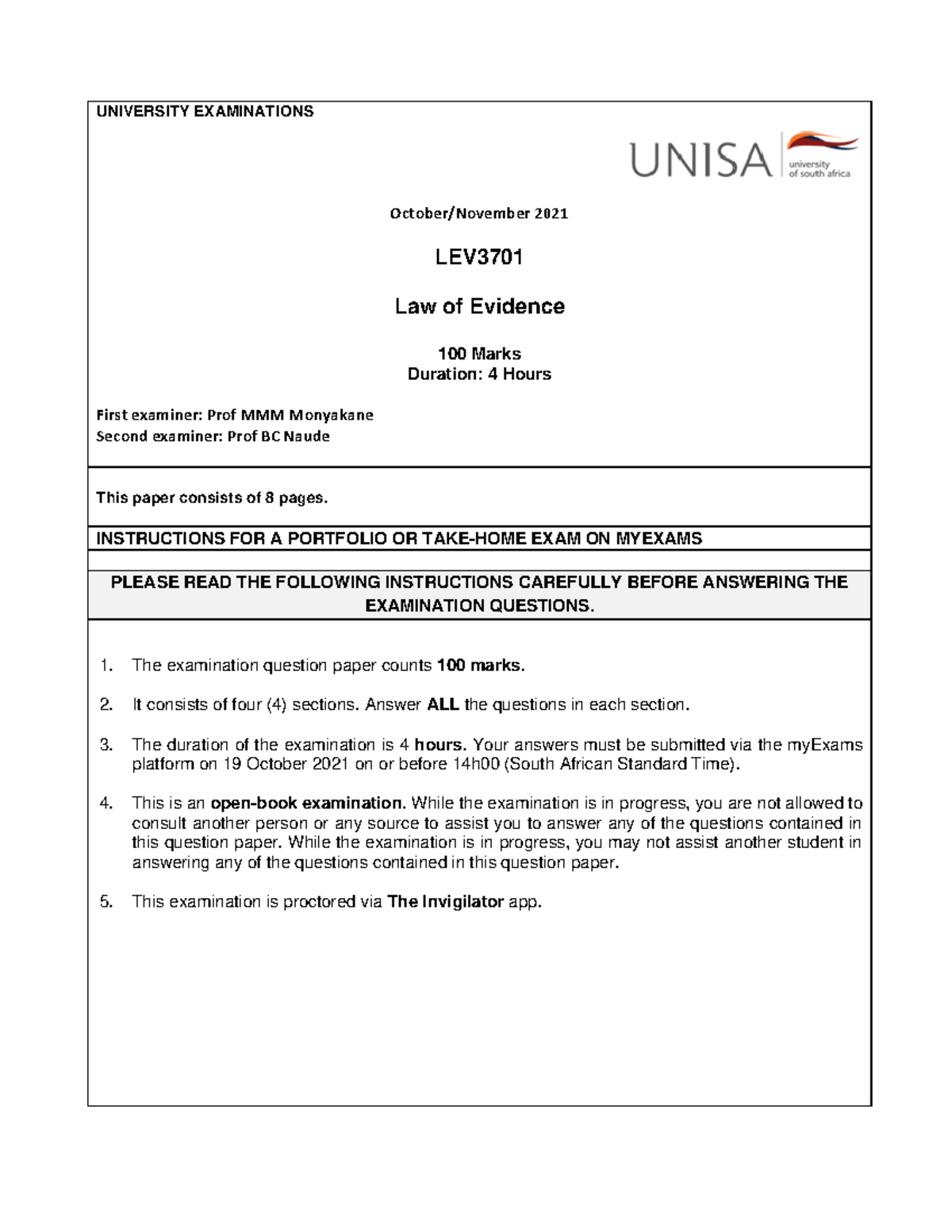 LEV3701 Oct2021 final paper - UNIVERSITY EXAMINATIONS October/November ...
