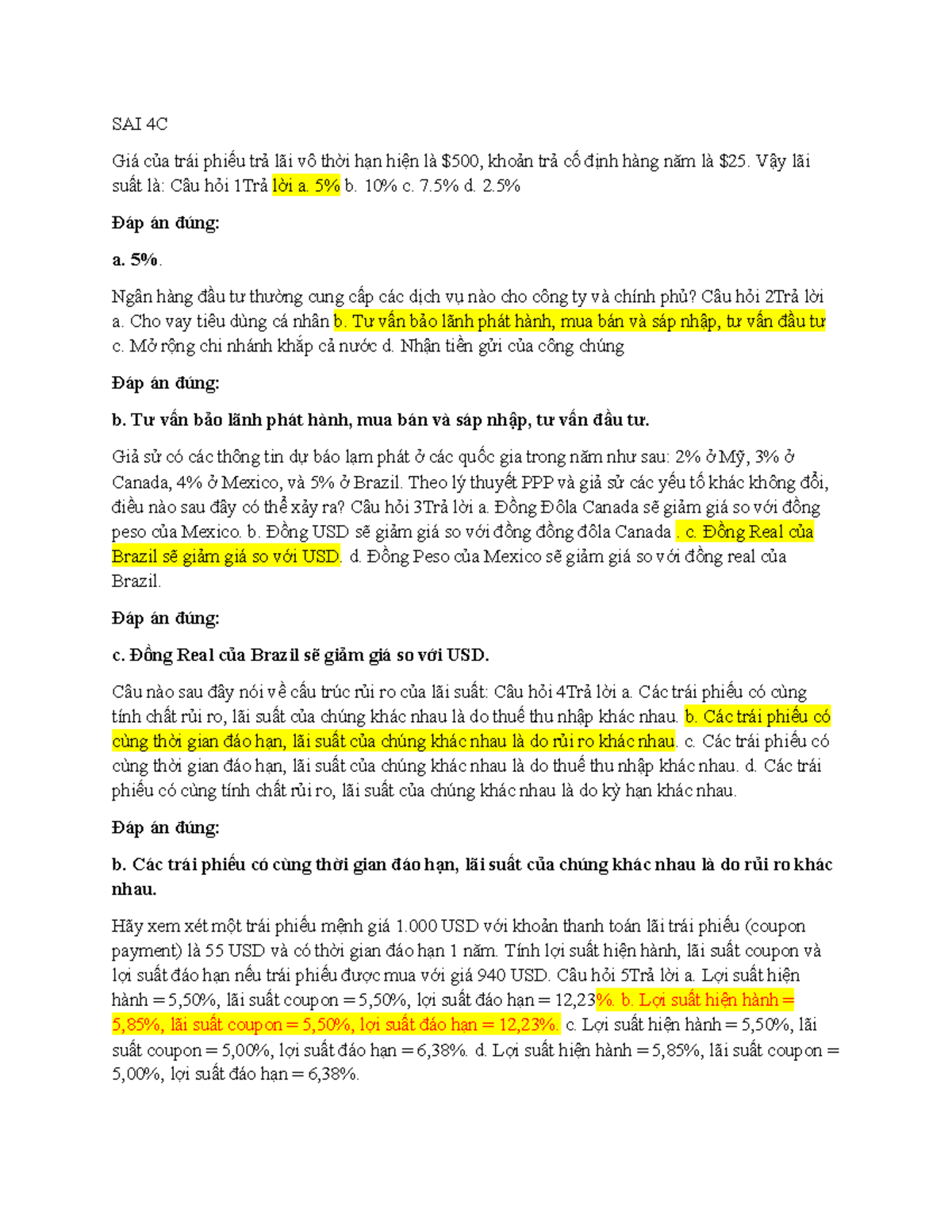 Trial Final TEST - 2024 - SAI 4C Giá của trái phiếu trả lãi vô thời hạn ...