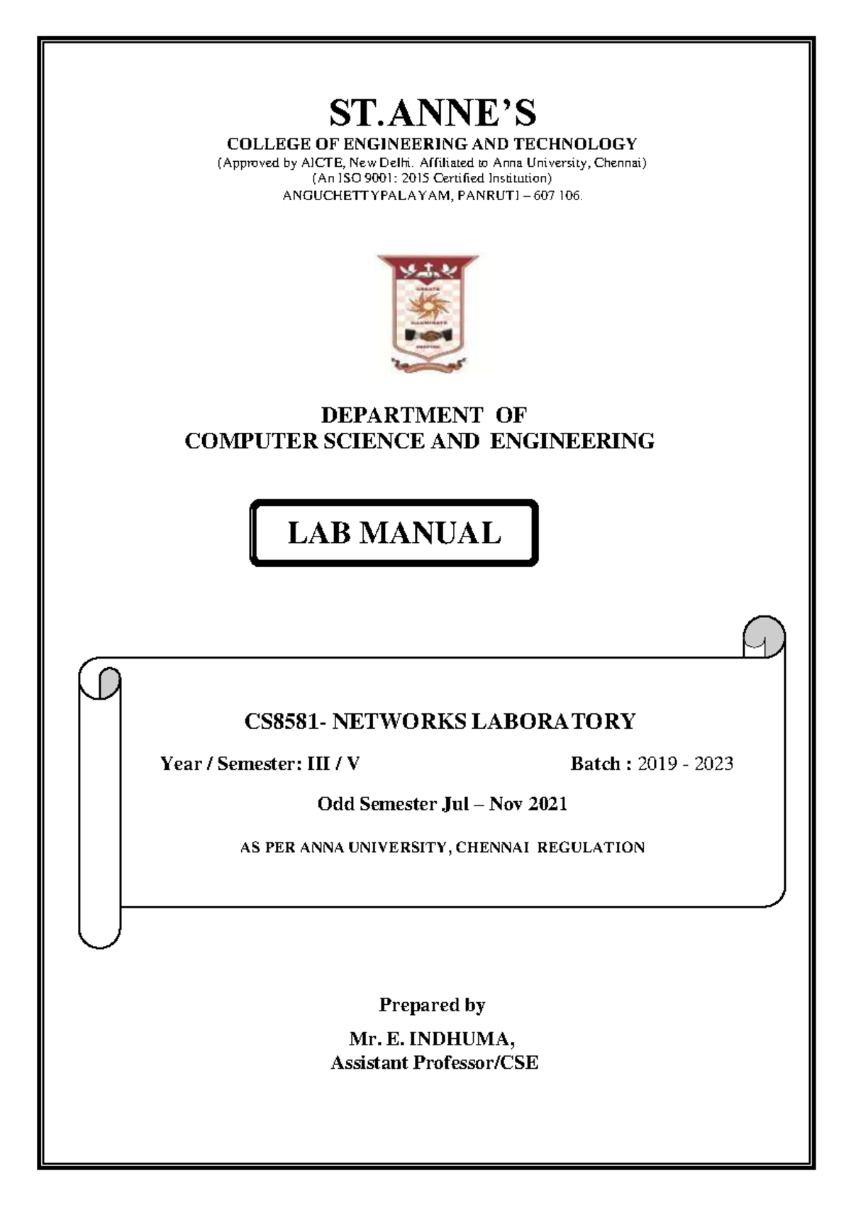 CS8581- Networks Laboratory-751251722-CS8581 CN lab 2019 batch - ST’S COLLEGE OF ENGINEERING AND ...