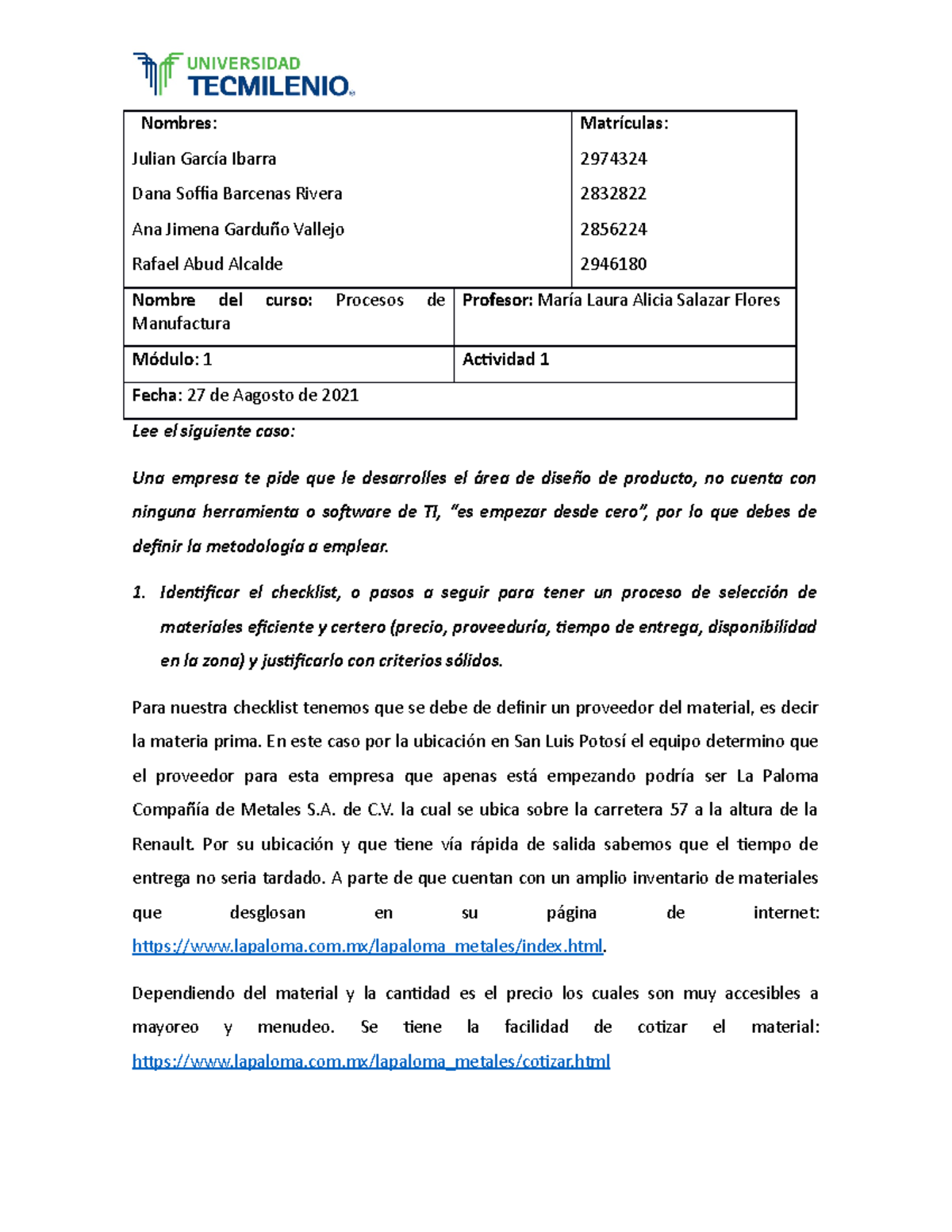 Actividad 1 - ACT 1 - Procesos de manufactura - TecMilenio - Studocu