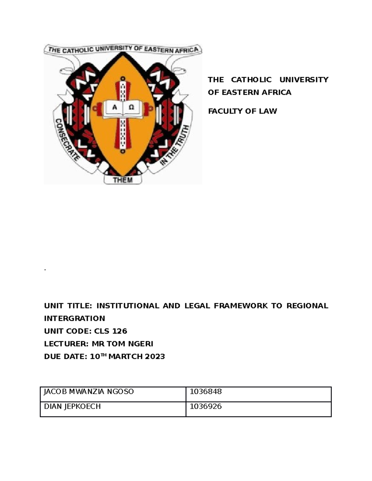 Un assignment - Continuous assessment test - THE CATHOLIC UNIVERSITY OF ...
