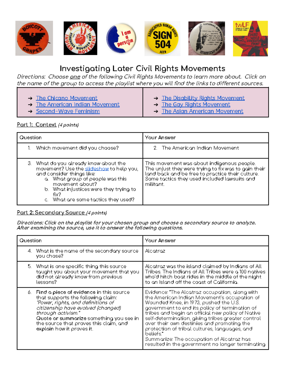 Investigating Later Civil Rights Movements Activity 23-24 ...