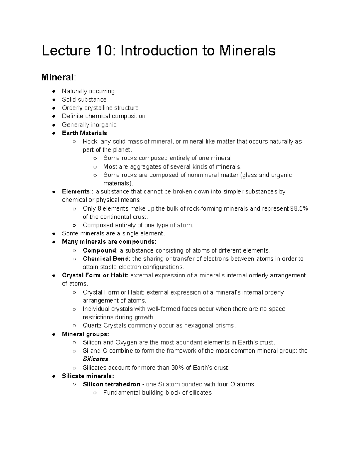 Lecture 10: Introduction to Minerals - Lecture 10: Introduction to ...