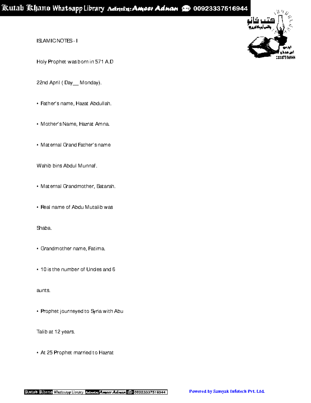 Islamic Notes - ISLAMIC NOTES - I Holy Prophet was born in 571 A 22nd ...