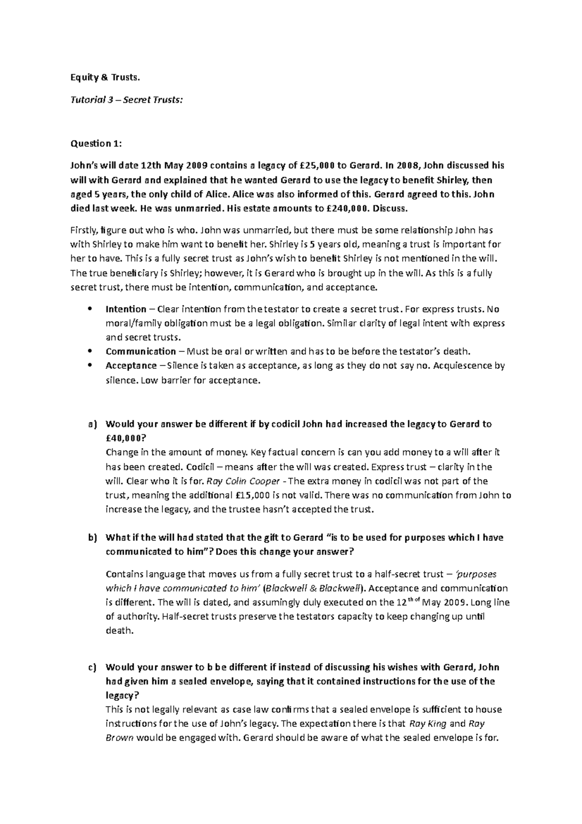 Equity and Trusts - Secret Trusts - Equity & Trusts. Tutorial 3 ...