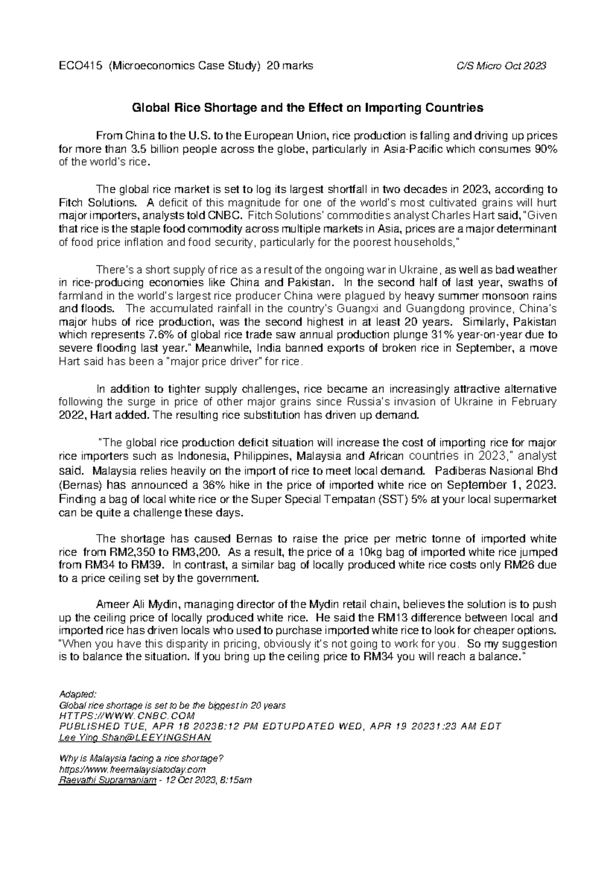 Case Study Micro Oct 23 - ECO415 (Microeconomics Case Study) 20 marks C ...