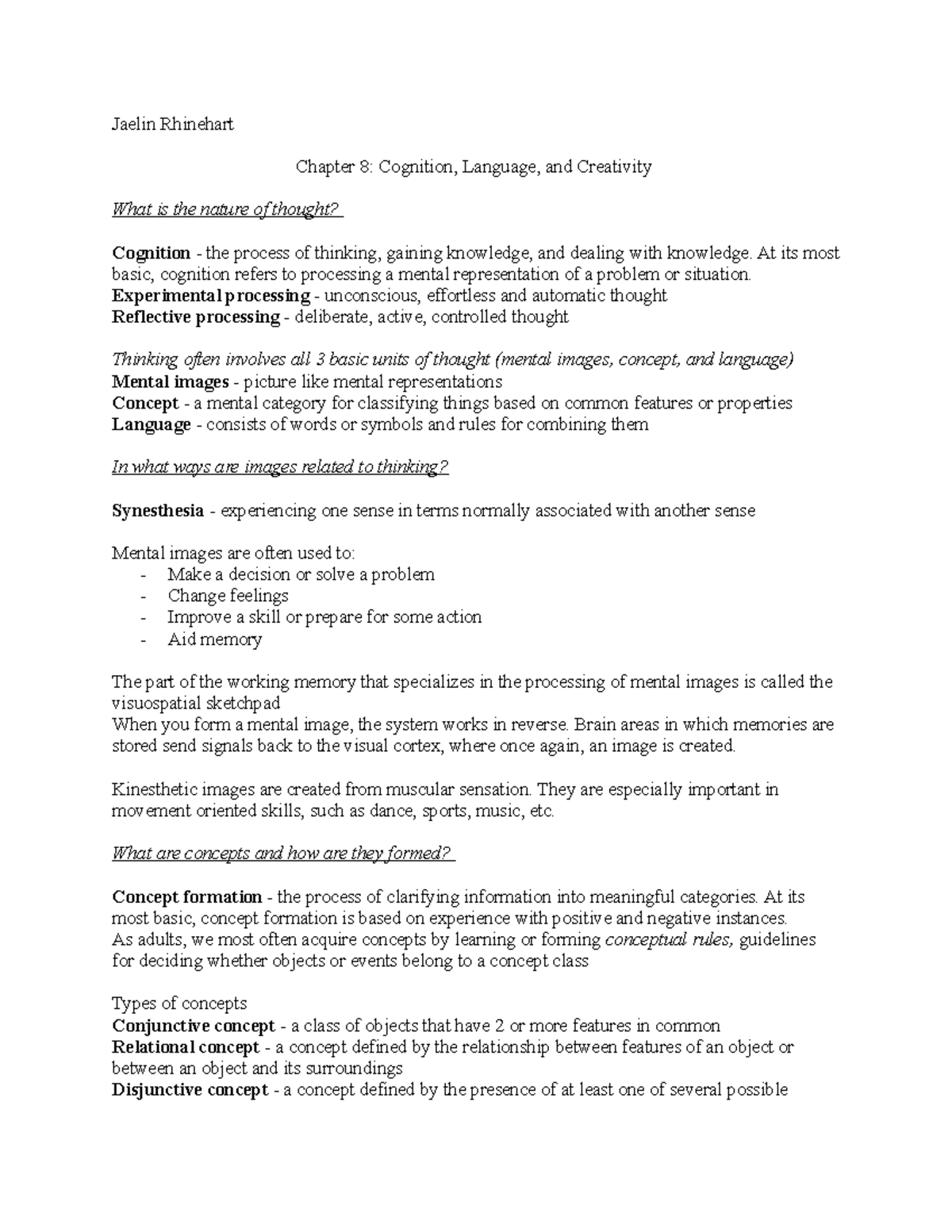 Chapter 8 outline - Cognition, Language, and Creativity - Jaelin Rhinehart Chapter 8: Cognition ...