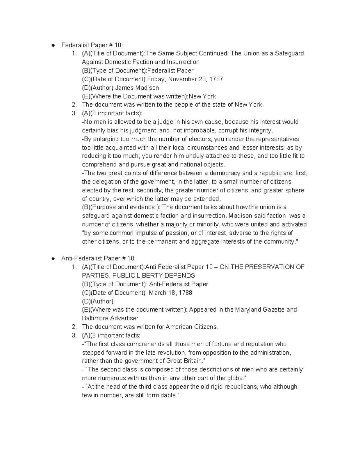 Govt 2305 federalist and antifederalist paper - Federalist Paper # 10: ...