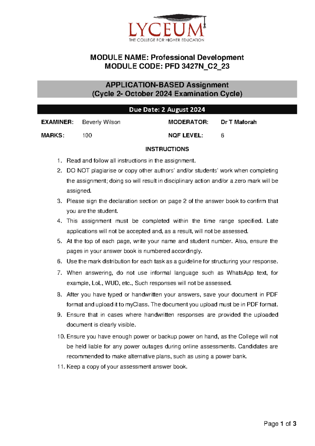PFD3427N C2 23 October 2024 Assignment - Page 1 of 3 MODULE NAME ...