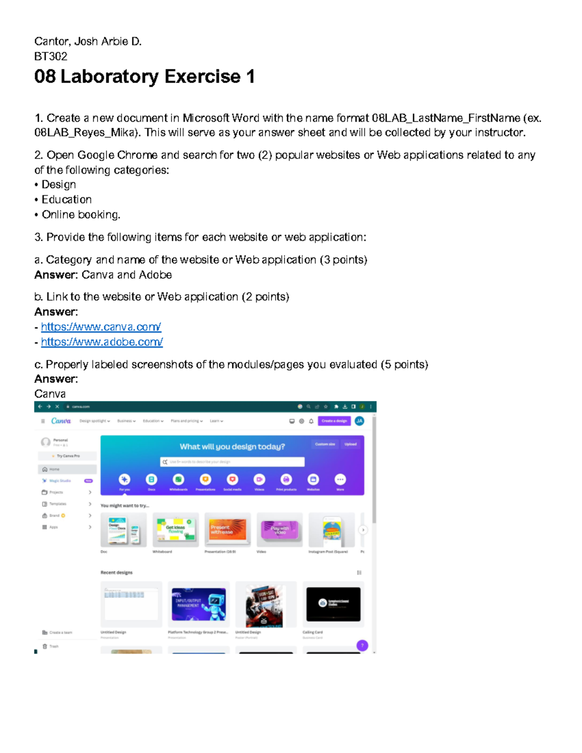Laboratory Exercise - Cantor, Josh Arbie D. BT 08 Laboratory Exercise 1 Create a new document in ...