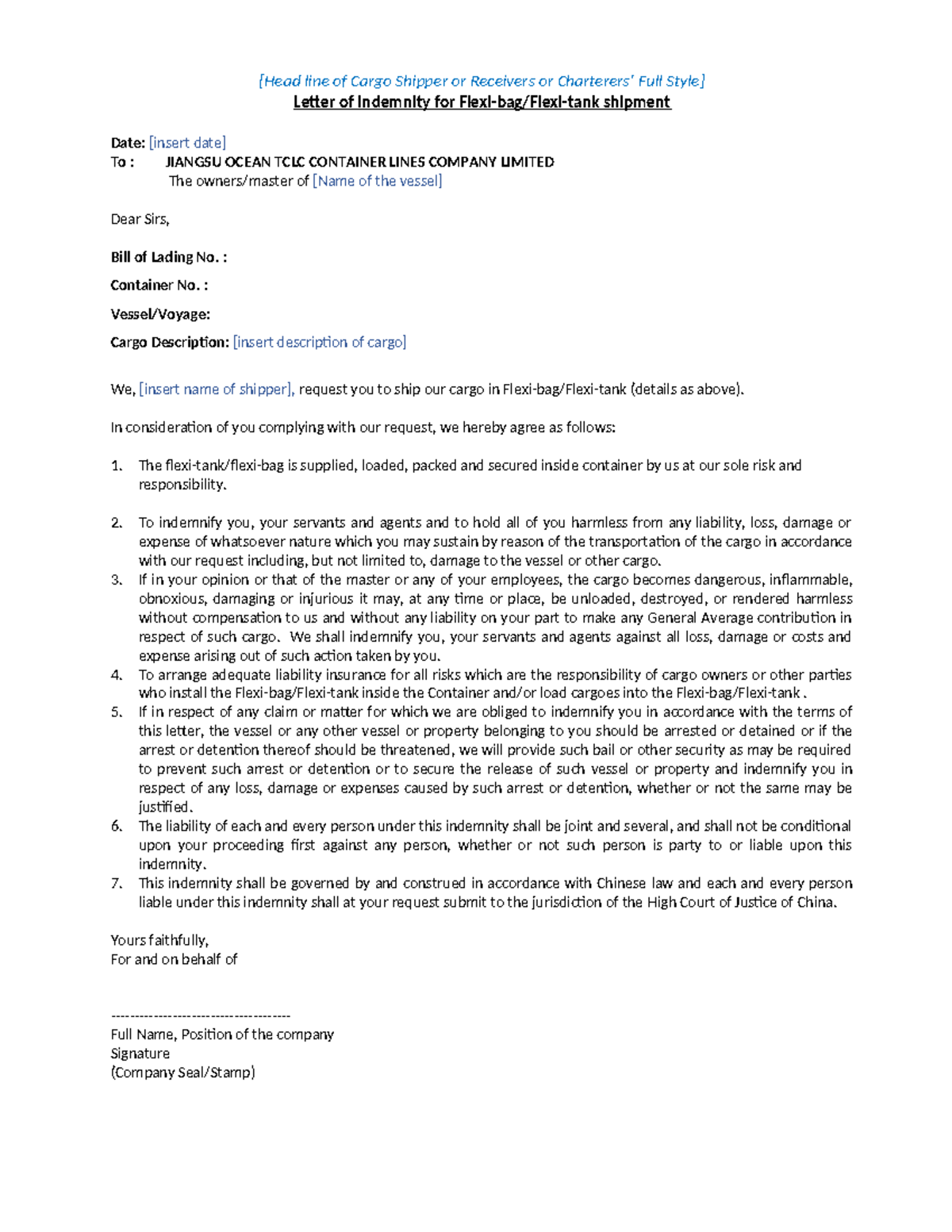 LOI FOR Flexibag TCLC - LOI kí xác nhận - [Head line of Cargo Shipper ...