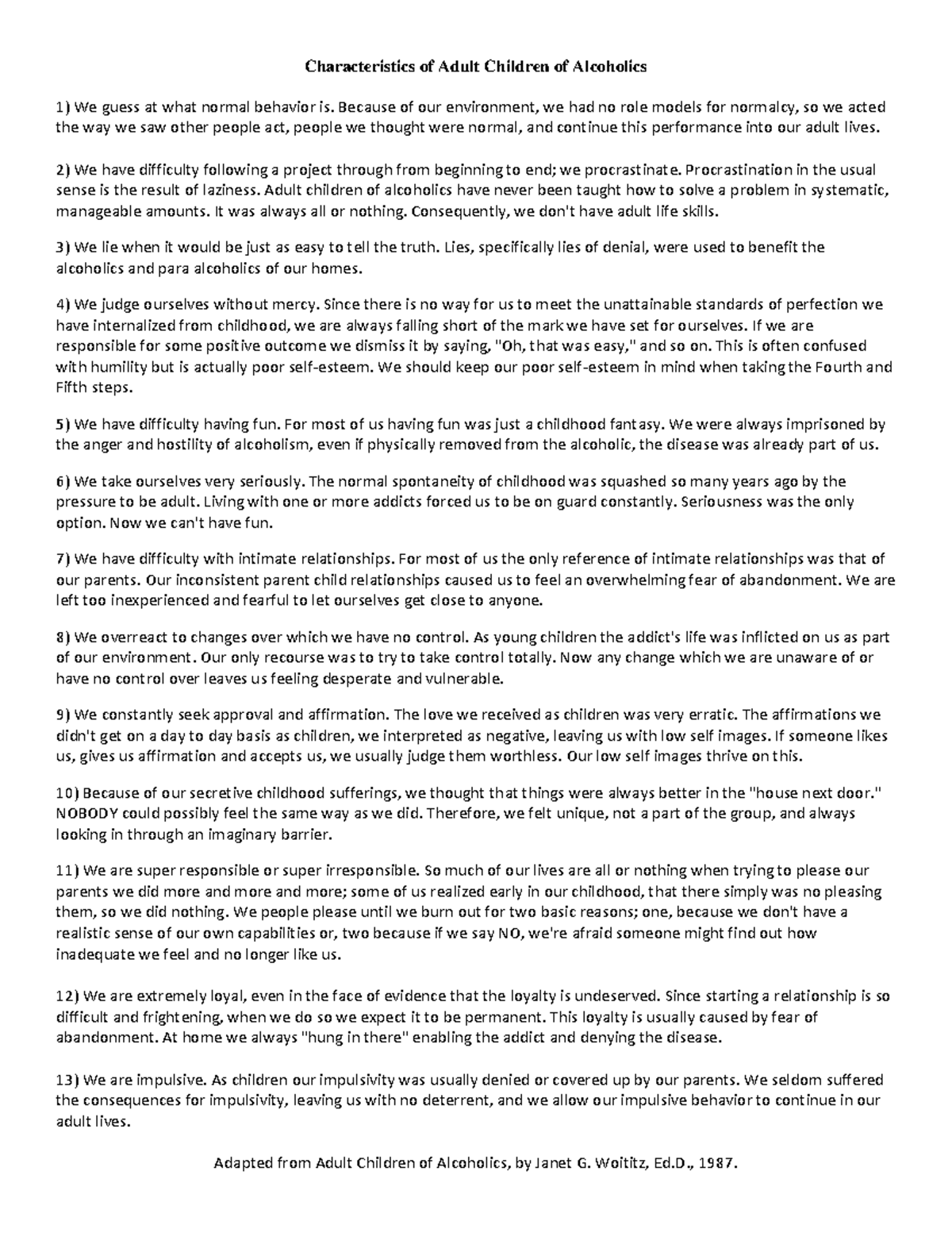 Th 13 characteristics of acoa - Characteristics of Adult Children of ...