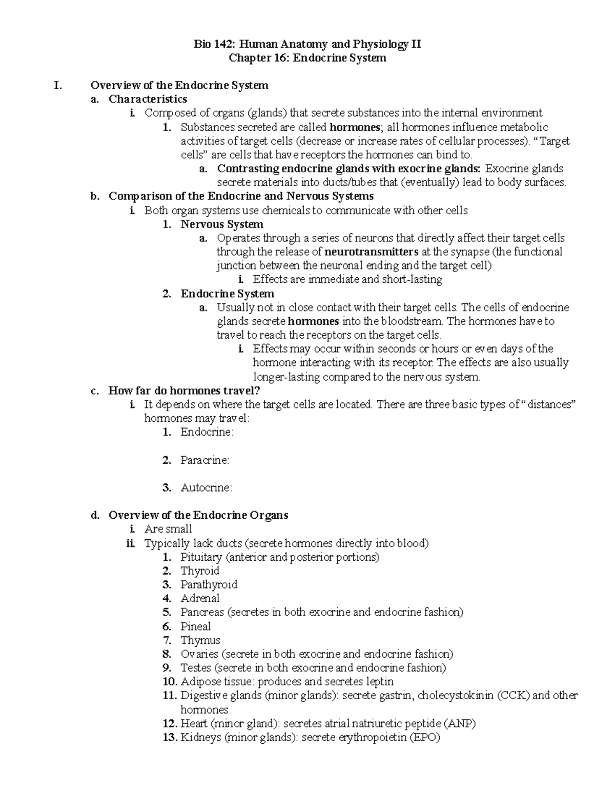 Bio142Chapter 16outline - Bio 142: Human Anatomy and Physiology II ...
