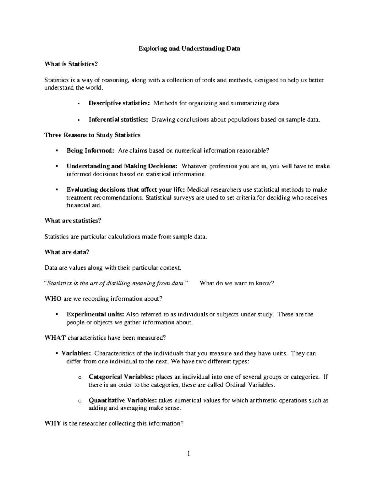 Chapter 1 8 - stats 119 notes - Exploring and Understanding Data What ...