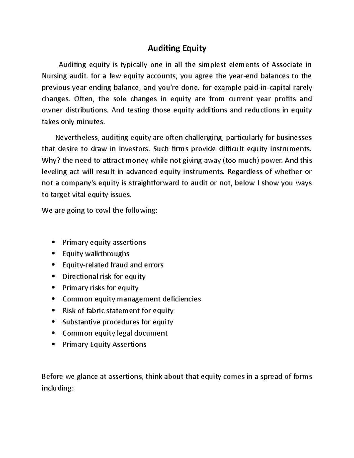 Auditing Equity - Auditing Equity Auditing equity is typically one in ...