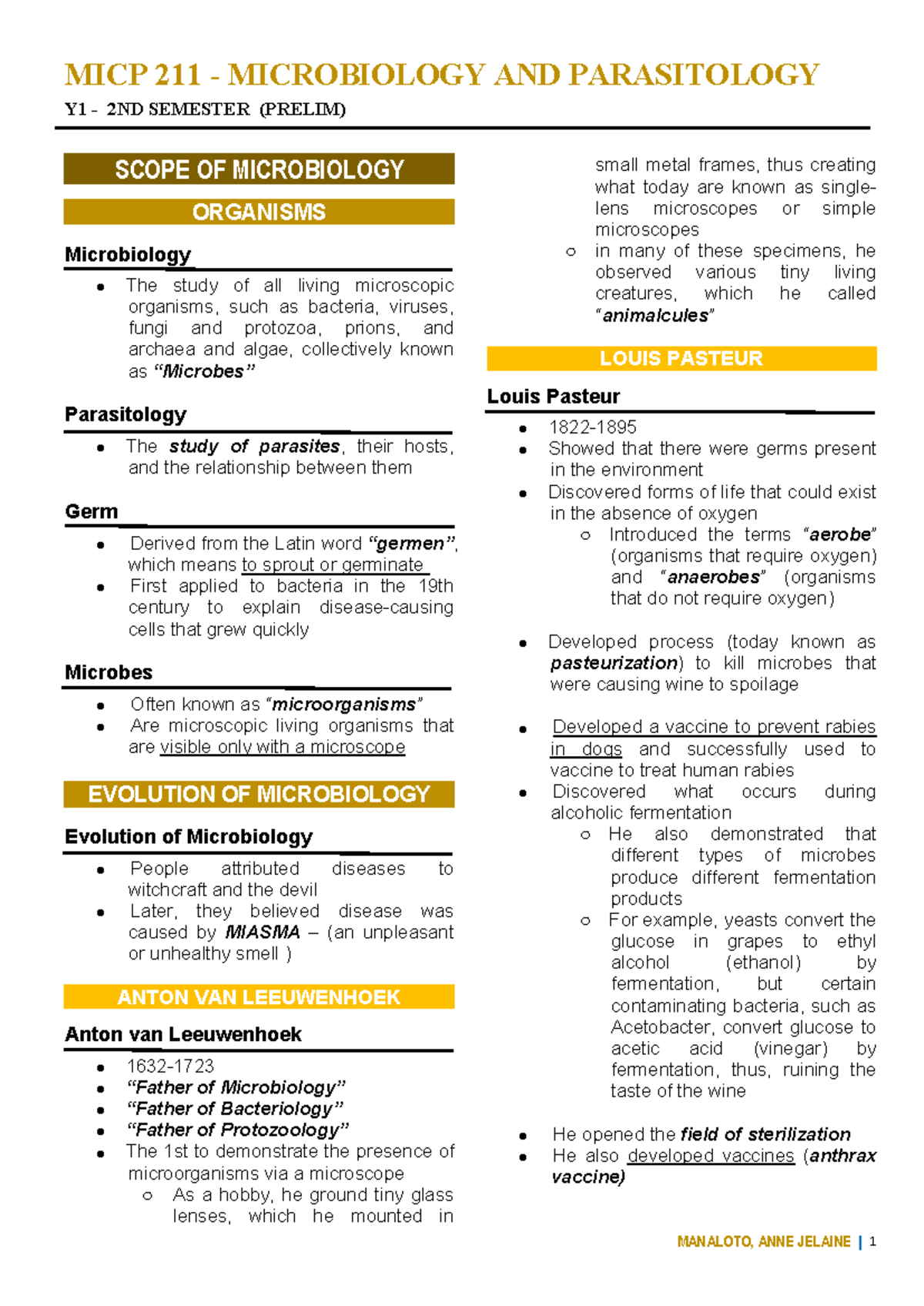 MICP prelim - MICROPARA - Y1 - 2ND SEMESTER (PRELIM) SCOPE OF MICROBIOLOGY ORGANISMS ...