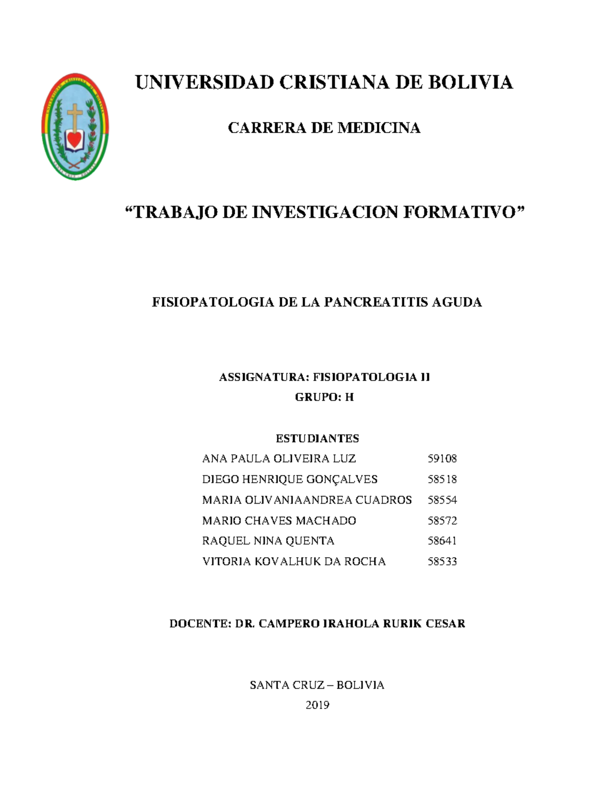 Fisiopatologia DE LA Pancreatitis - Warning: TT: undefined function: 32 UNIVERSIDAD CRISTIANA DE ...