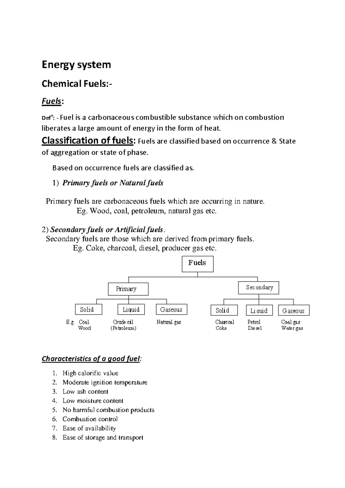 Module-4 - **** - Energy system Chemical Fuels:- Fuels: Defn: - Fuel is ...