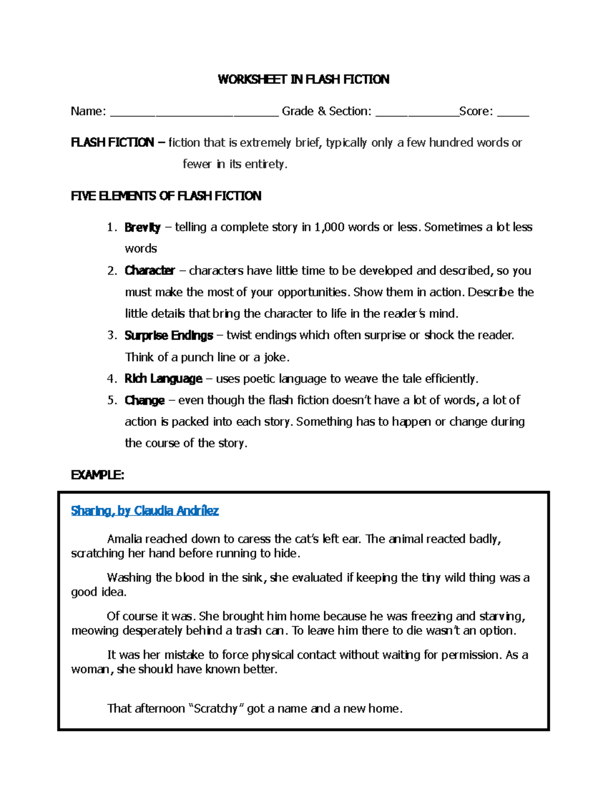 Worksheet IN Flash Fiction - WORKSHEET IN FLASH FICTION Name ...