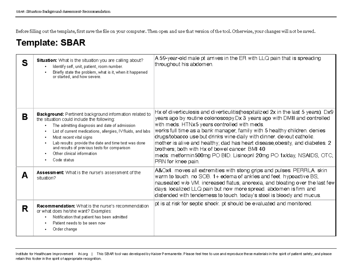 SBAR shock - SBAR - SBAR: Situation-Background-Assessment ...