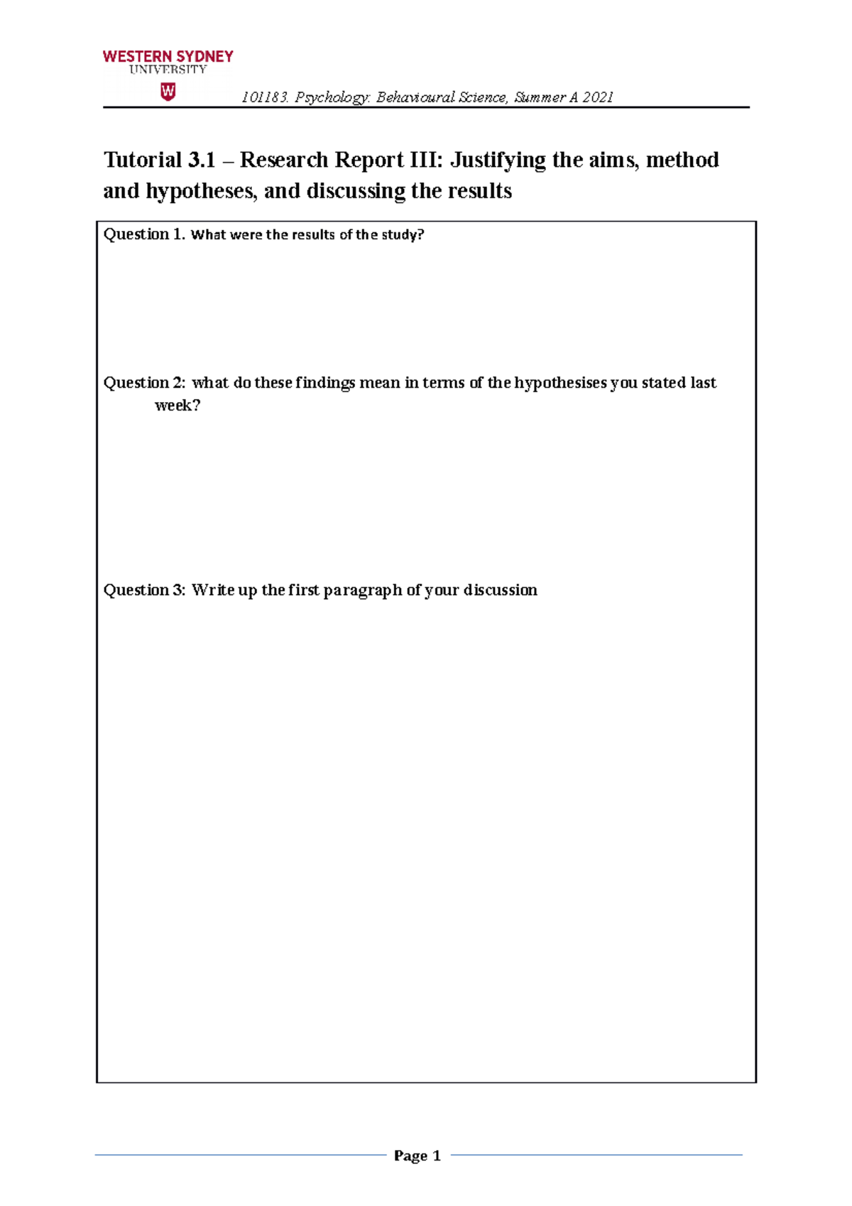 Week 3 tutorial worksheet - Tutorial 3 – Research Report III ...
