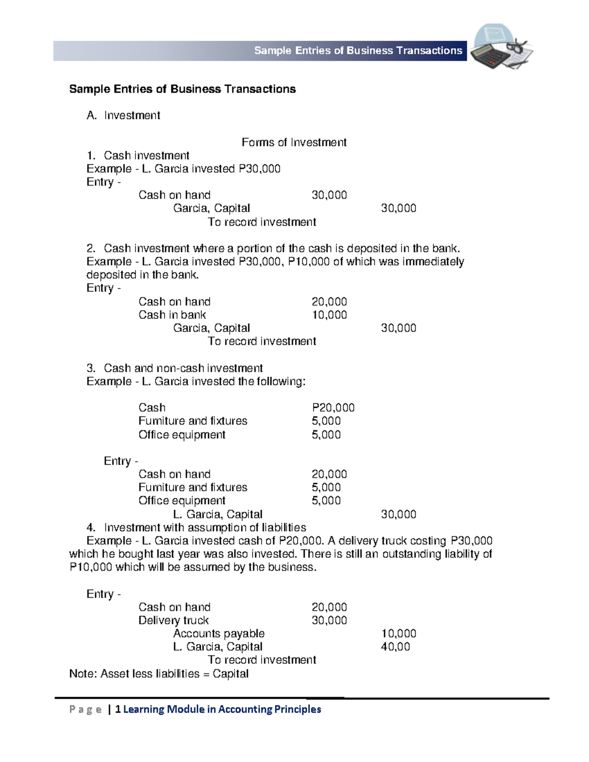 Sample Entries of Business Transactions - Investment Forms of ...