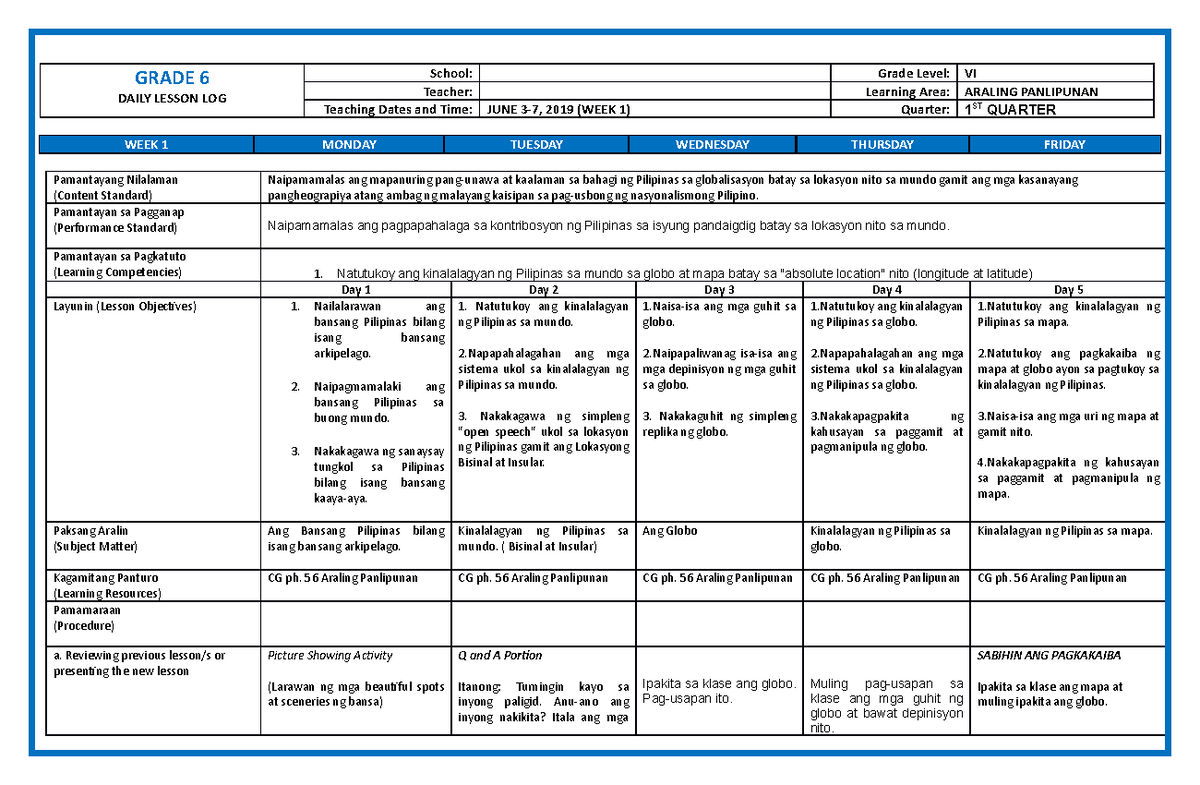 DLL G6 Q1 WEEK 1 ARaling panlipunan 6 - GRADE 6 DAILY LESSON LOG School: Grade Level: VI Teacher ...