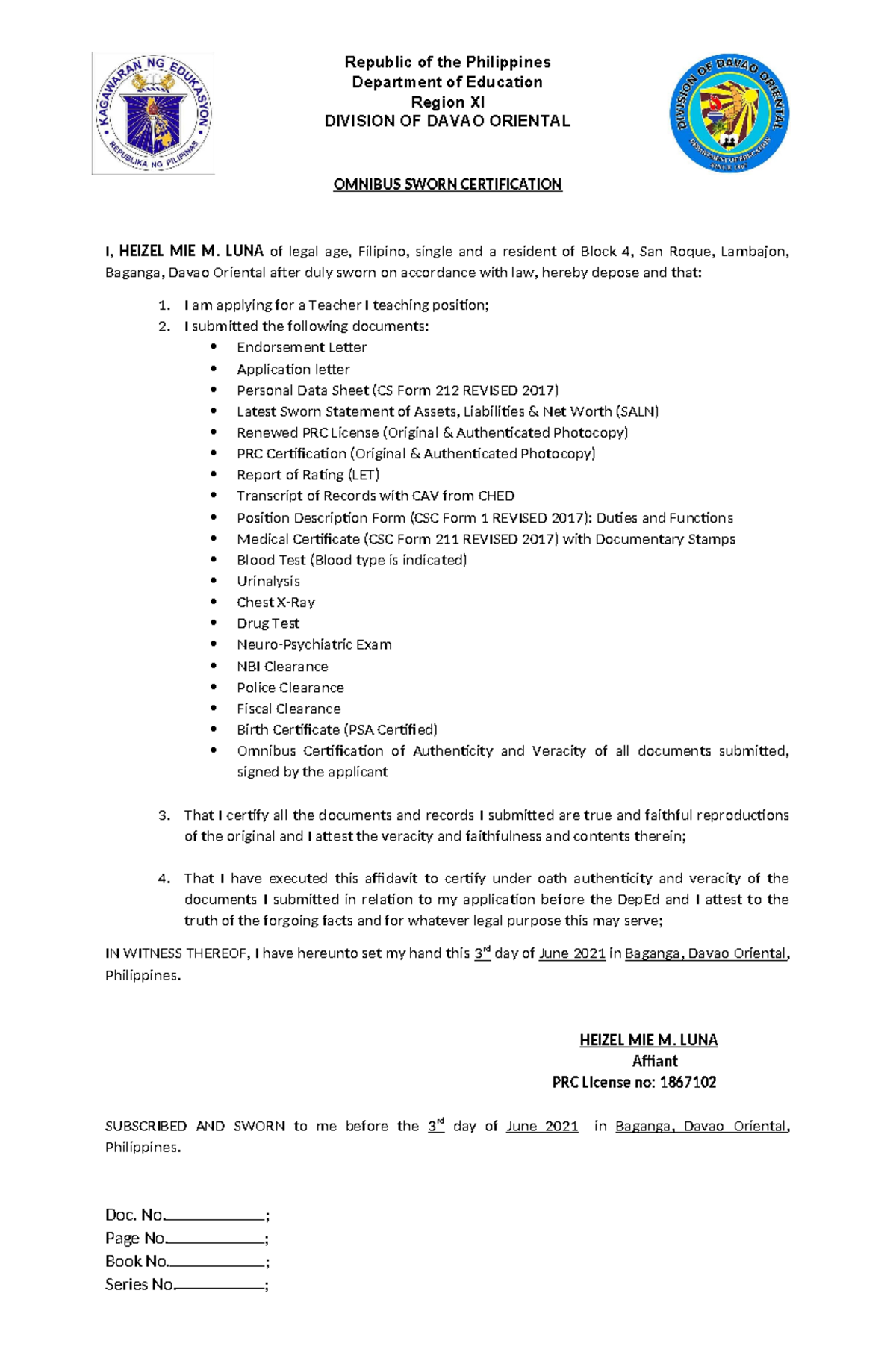 Omnibus Certification - Republic of the Philippines Department of ...