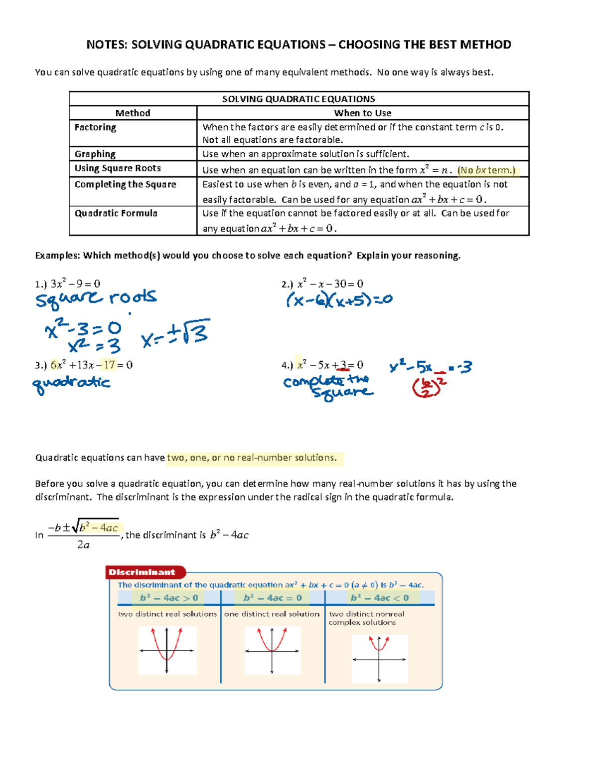 Notes - Choosing BEST Method Discrim - NOTES: SOLVING QUADRATIC ...