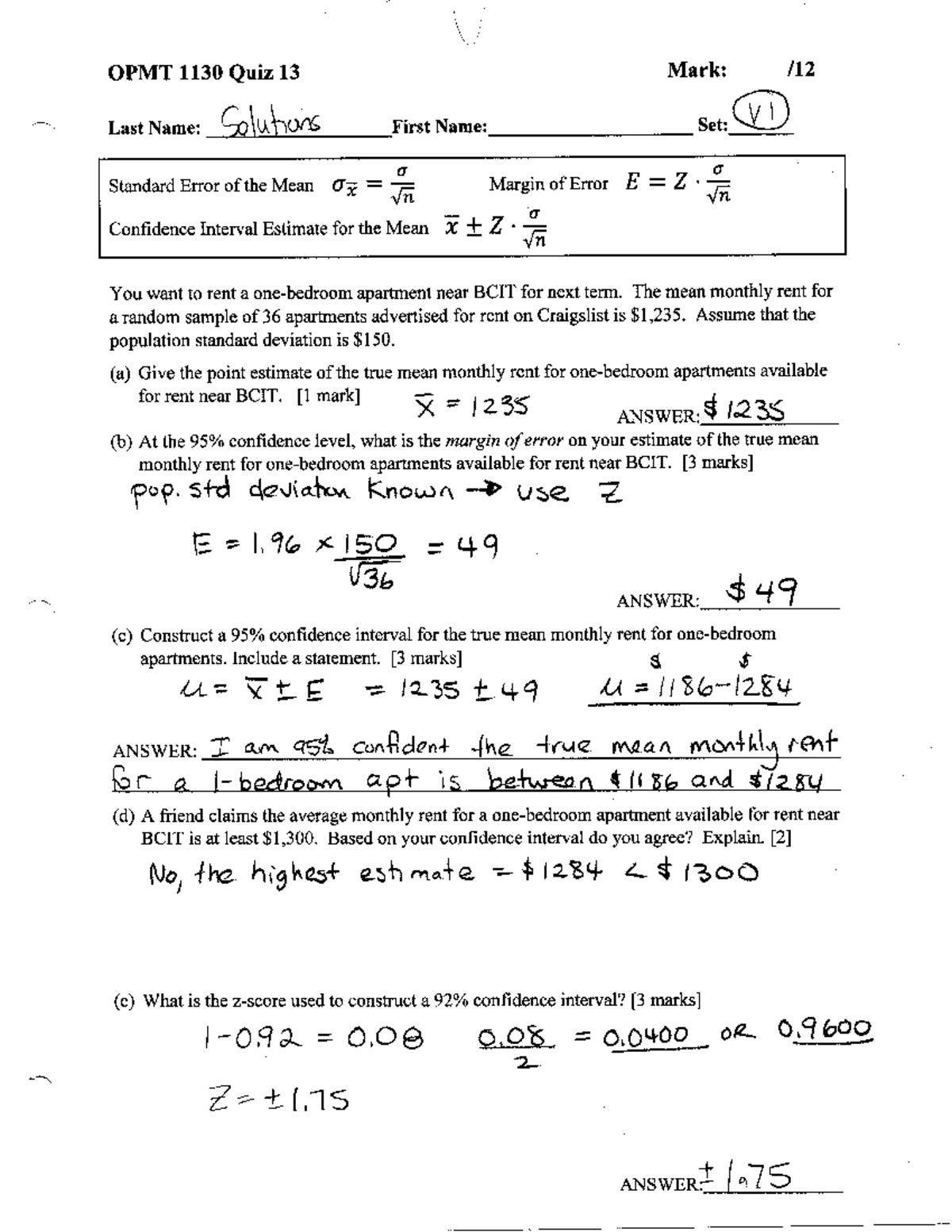 Quiz 13 solutions OPMT 1130 Business Statistics - OPMT 1130 - Studocu