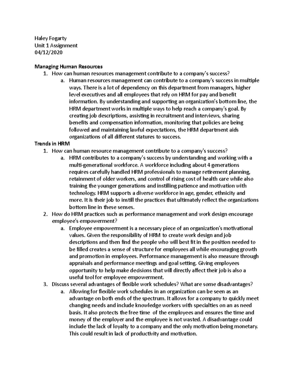 Unit 1 Assigntmen - Haley Fogarty Unit 1 Assignment 04/12/ Managing ...