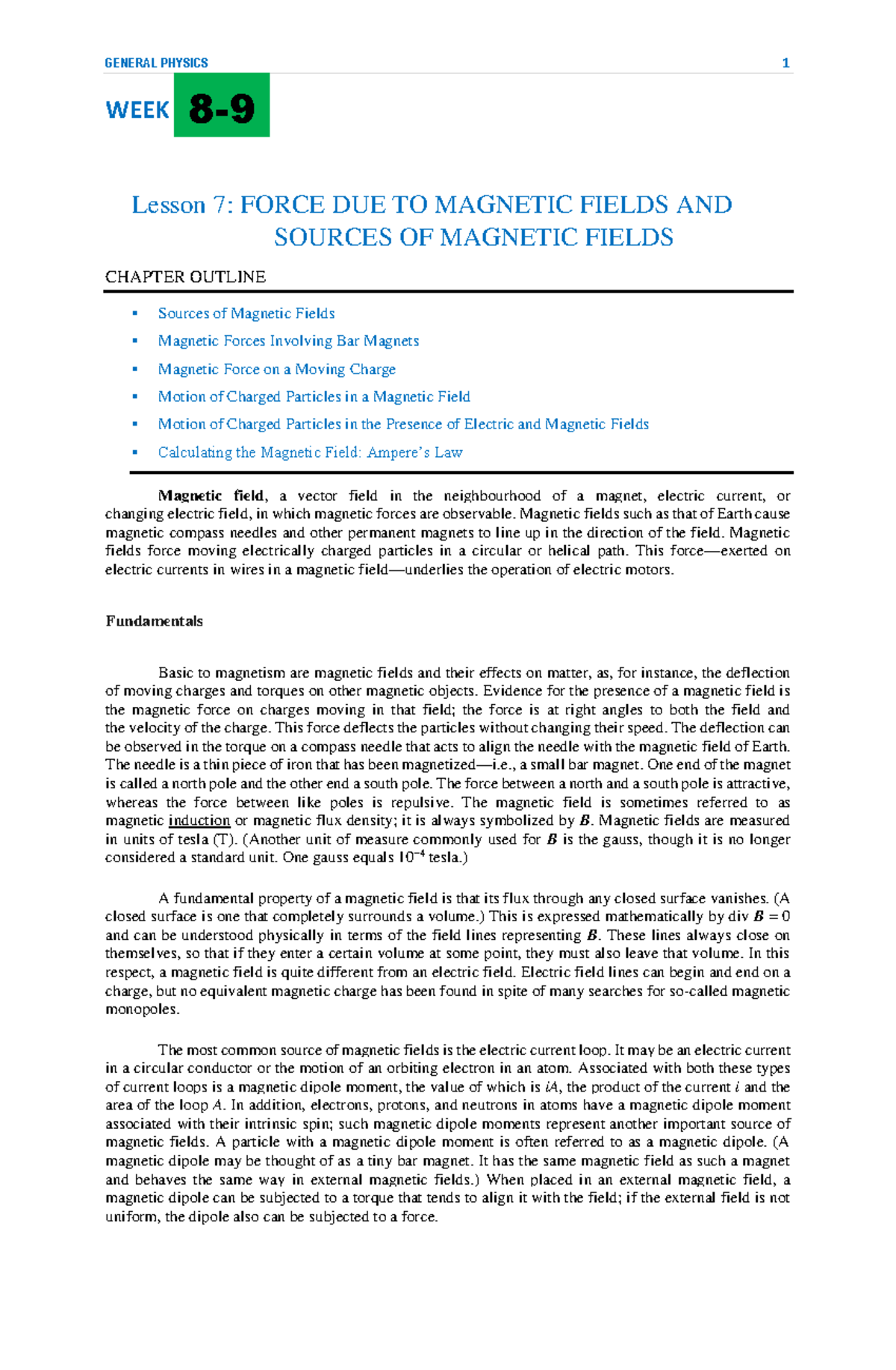 Week 008-009 Sources of Magnetic Fields - WEEK 8 - 9 Lesson 7: FORCE ...