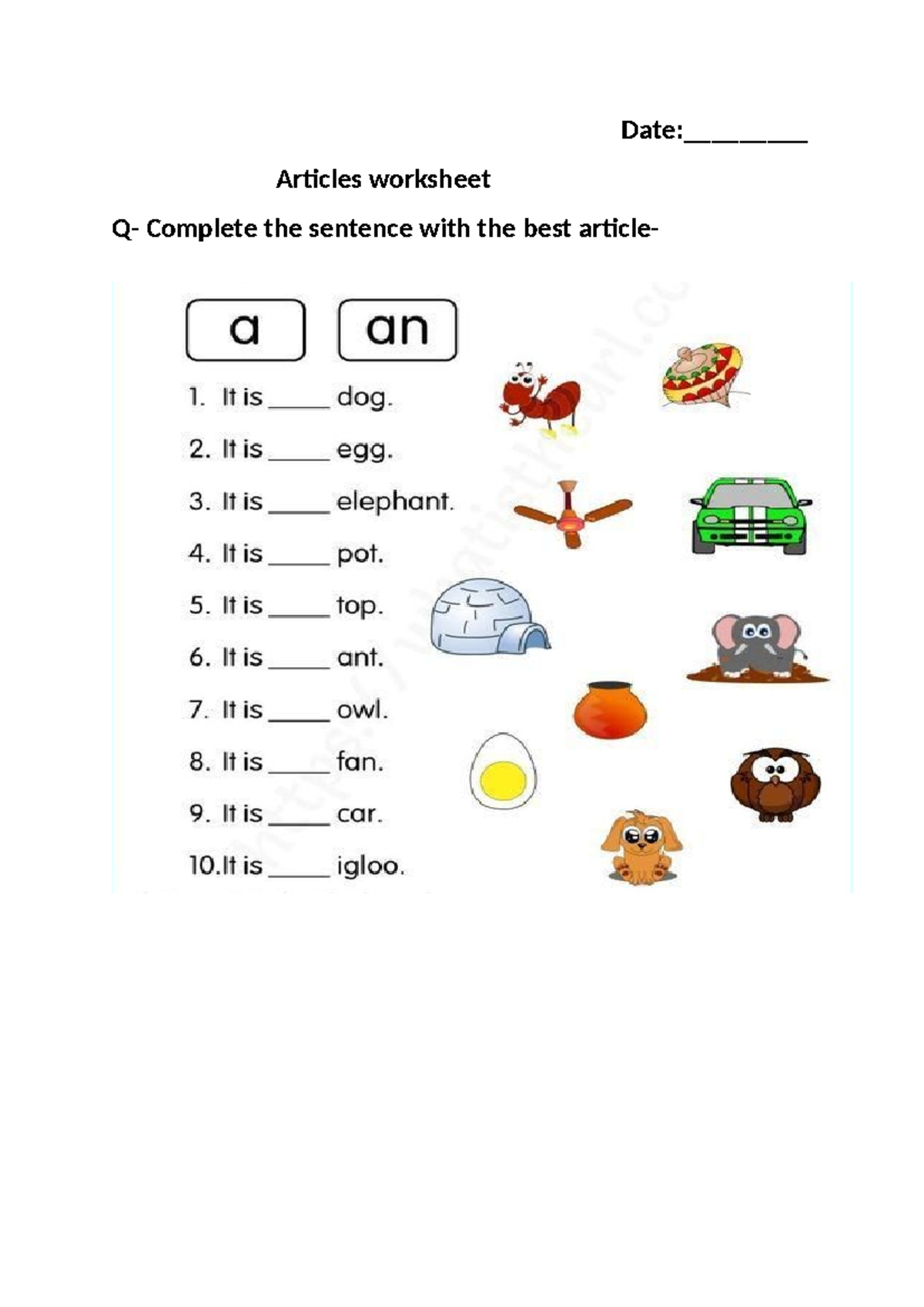A,an worksheet - none - Date:_________ Articles worksheet Q- Complete ...