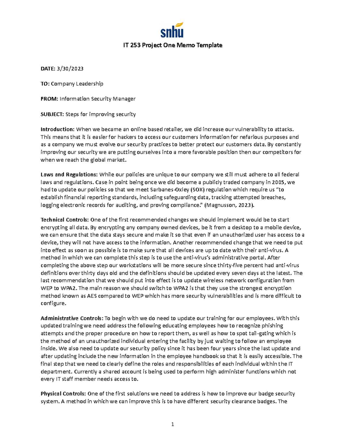 IT 253 Project One Memo Template - IT 253 Project One Memo Template ...