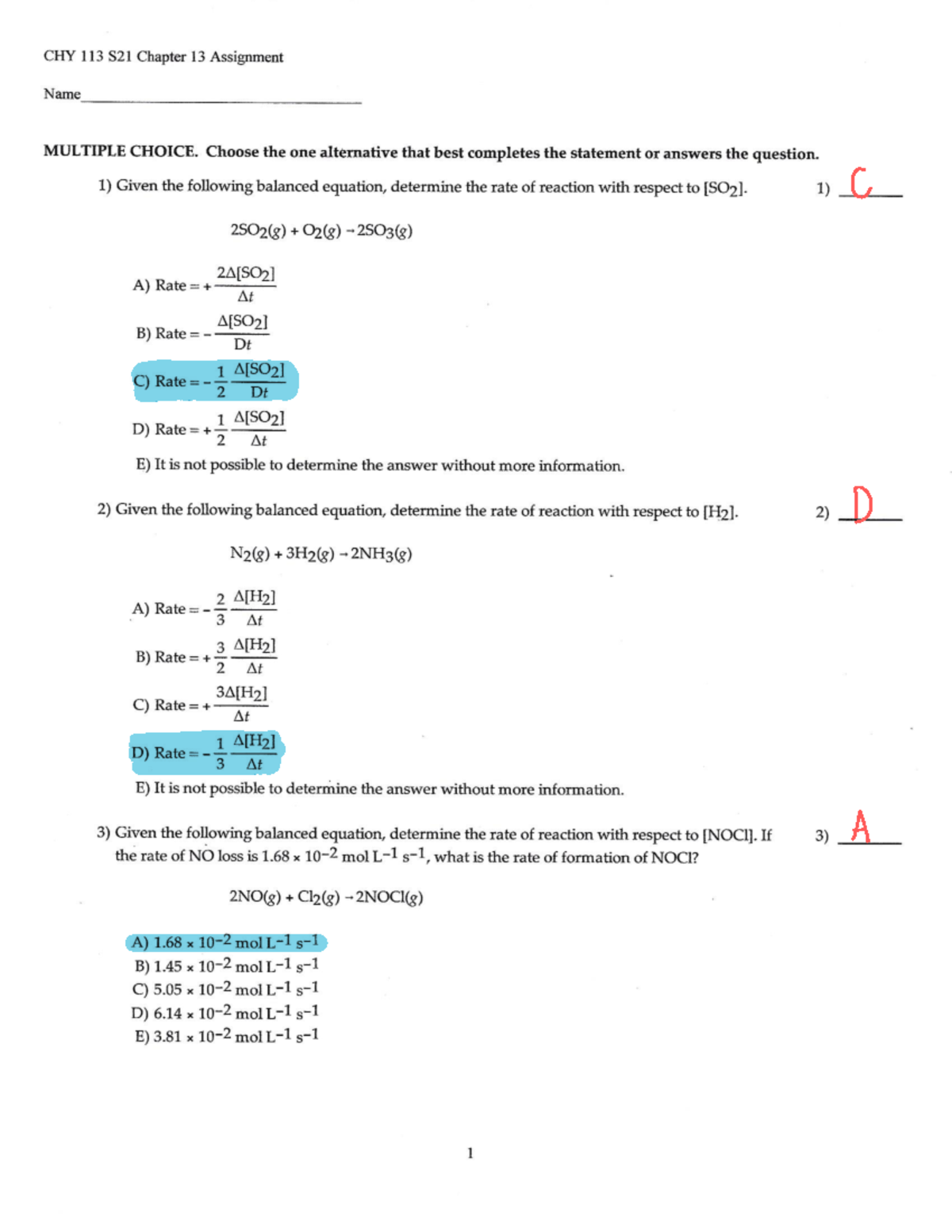 CHY 113 Chapter 13 Assignment - CHY 113 - Studocu
