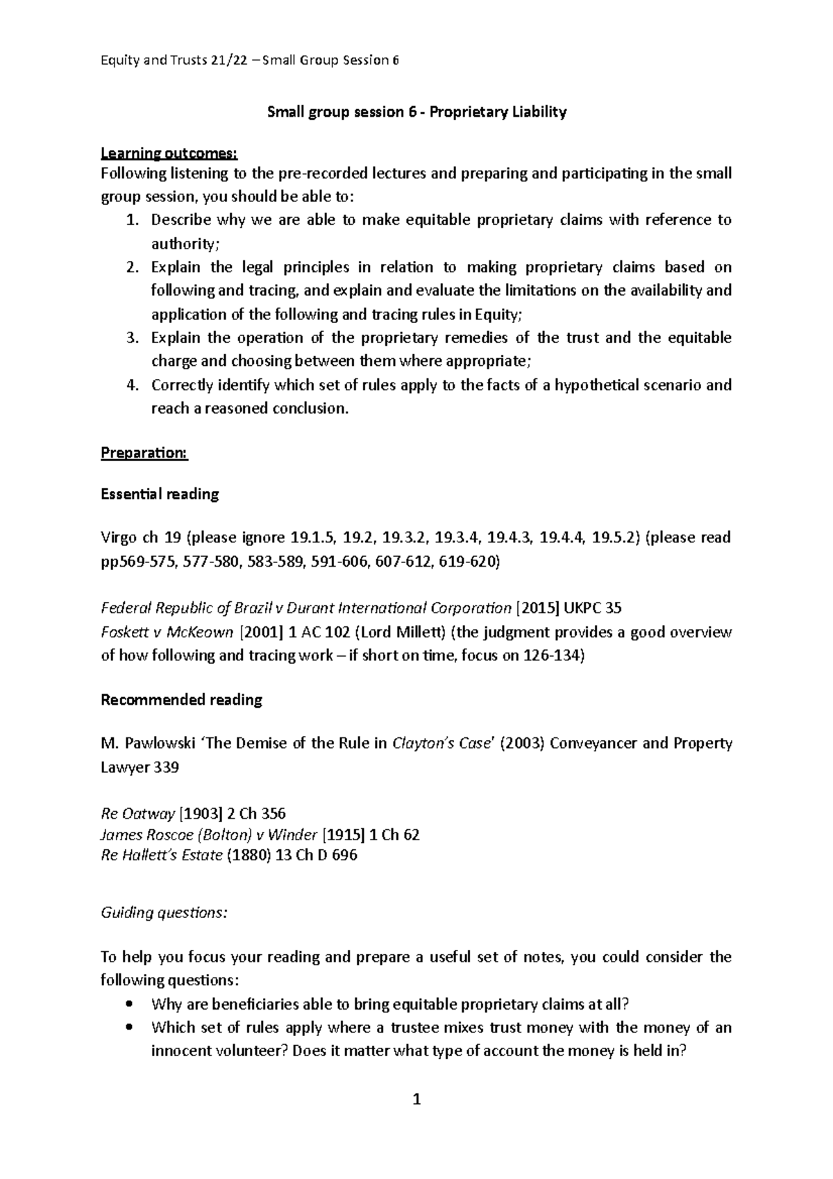 Small group session 6 - worksheet - Equity and Trusts 21/22 – Small ...