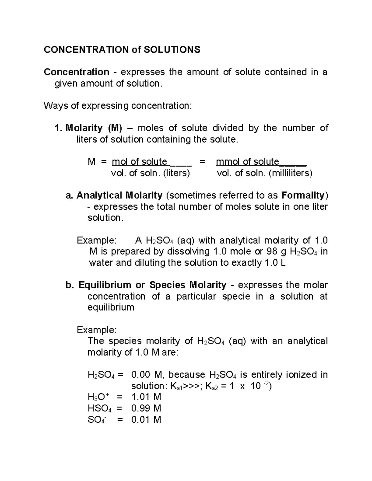Calculations of Amounts and Concentrations - CONCENTRATION of SOLUTIONS ...