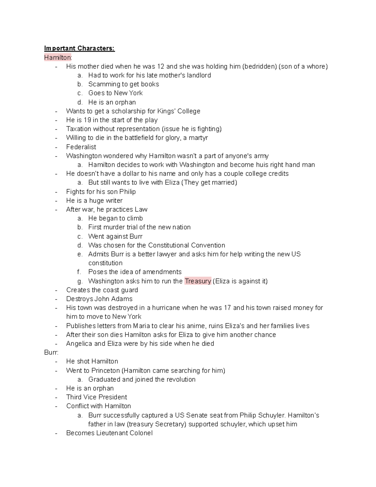 Hamilton Notes - Important Characters: Hamilton: - His mother died when ...