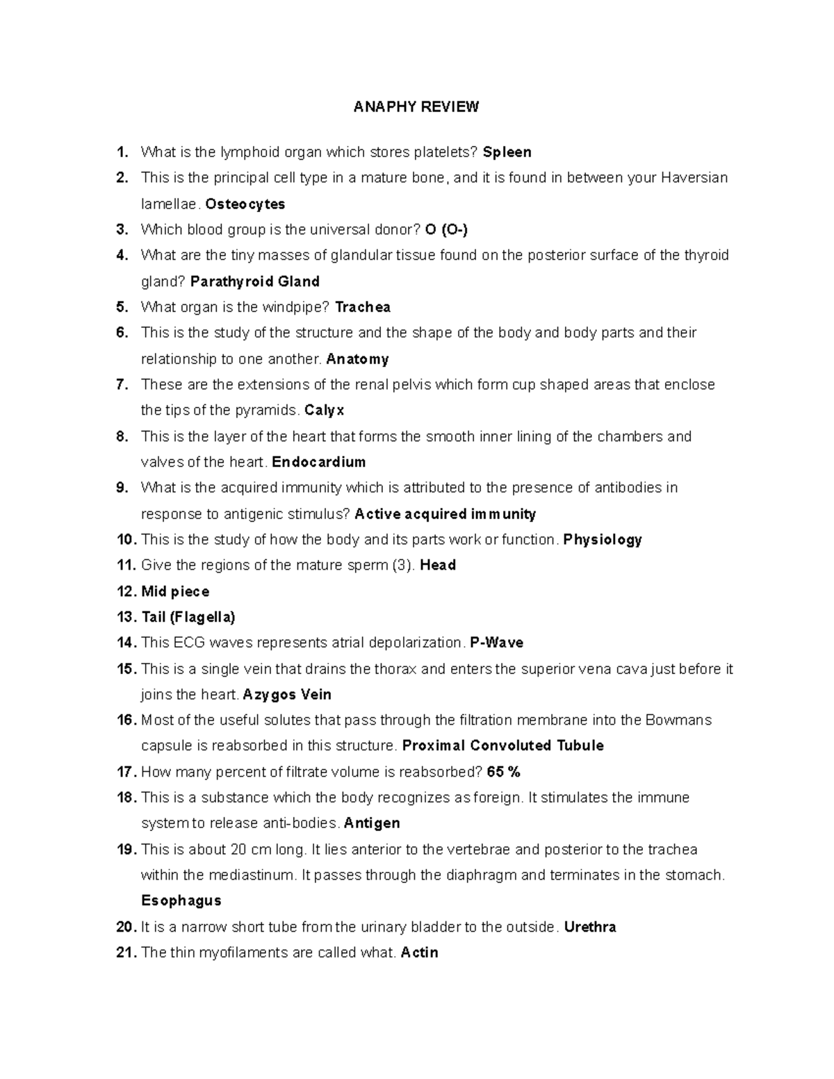 Anaphy Review - ANAPHY REVIEW What is the lymphoid organ which stores ...