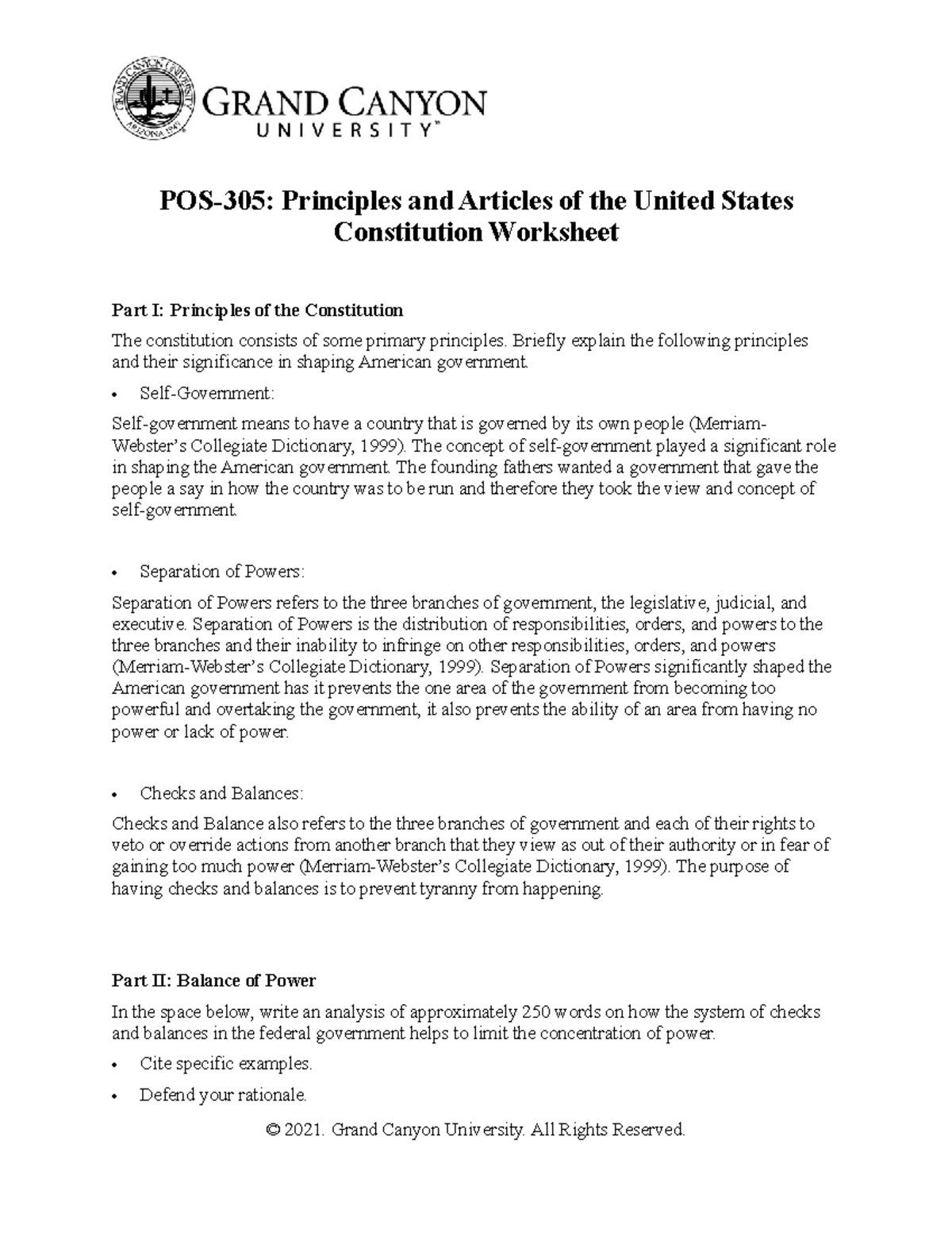 Principles and Articles of the United States Constitution Worksheet ...