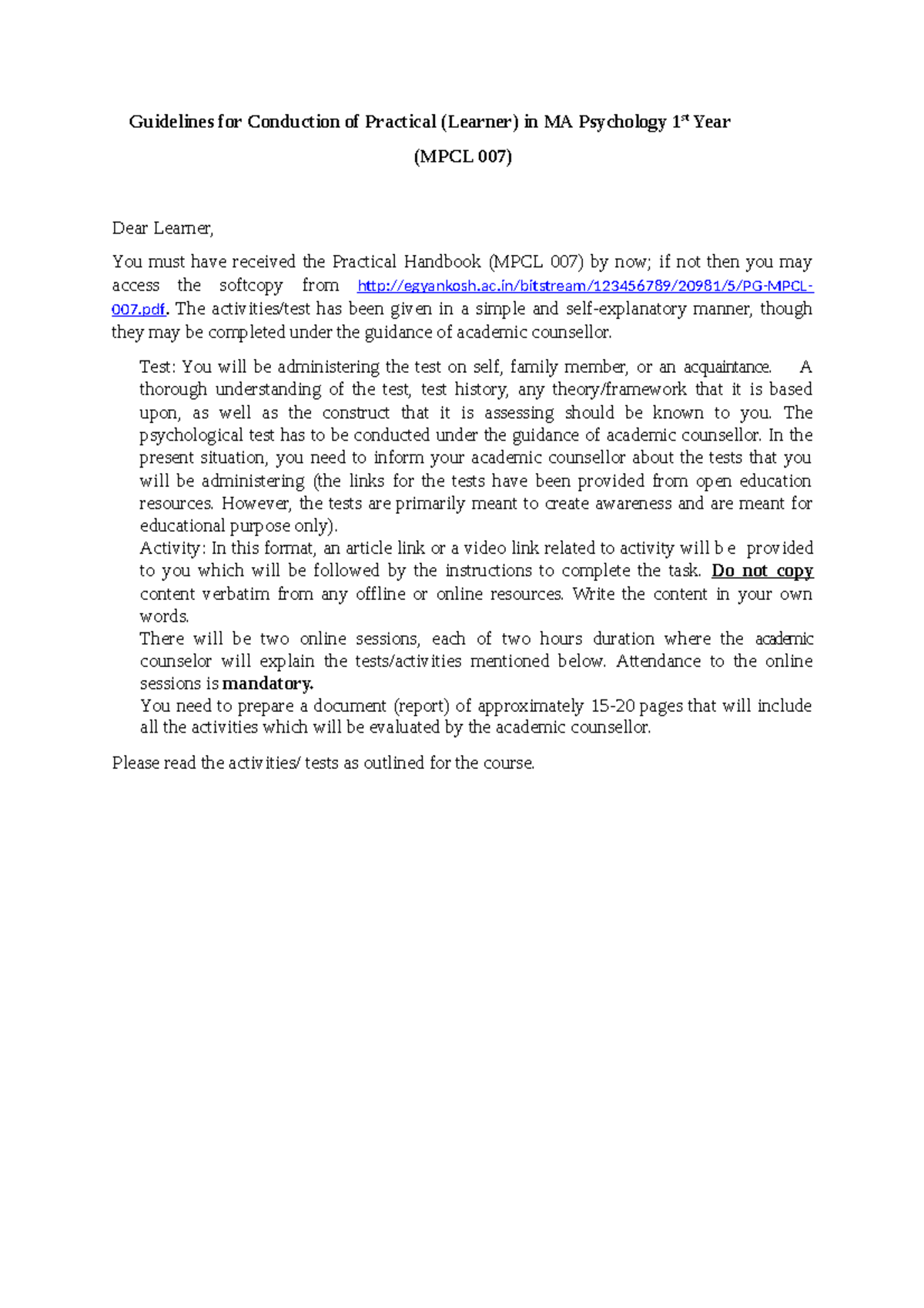 MPCL 007 Practical - Guidelines for Conduction of Practical (Learner ...