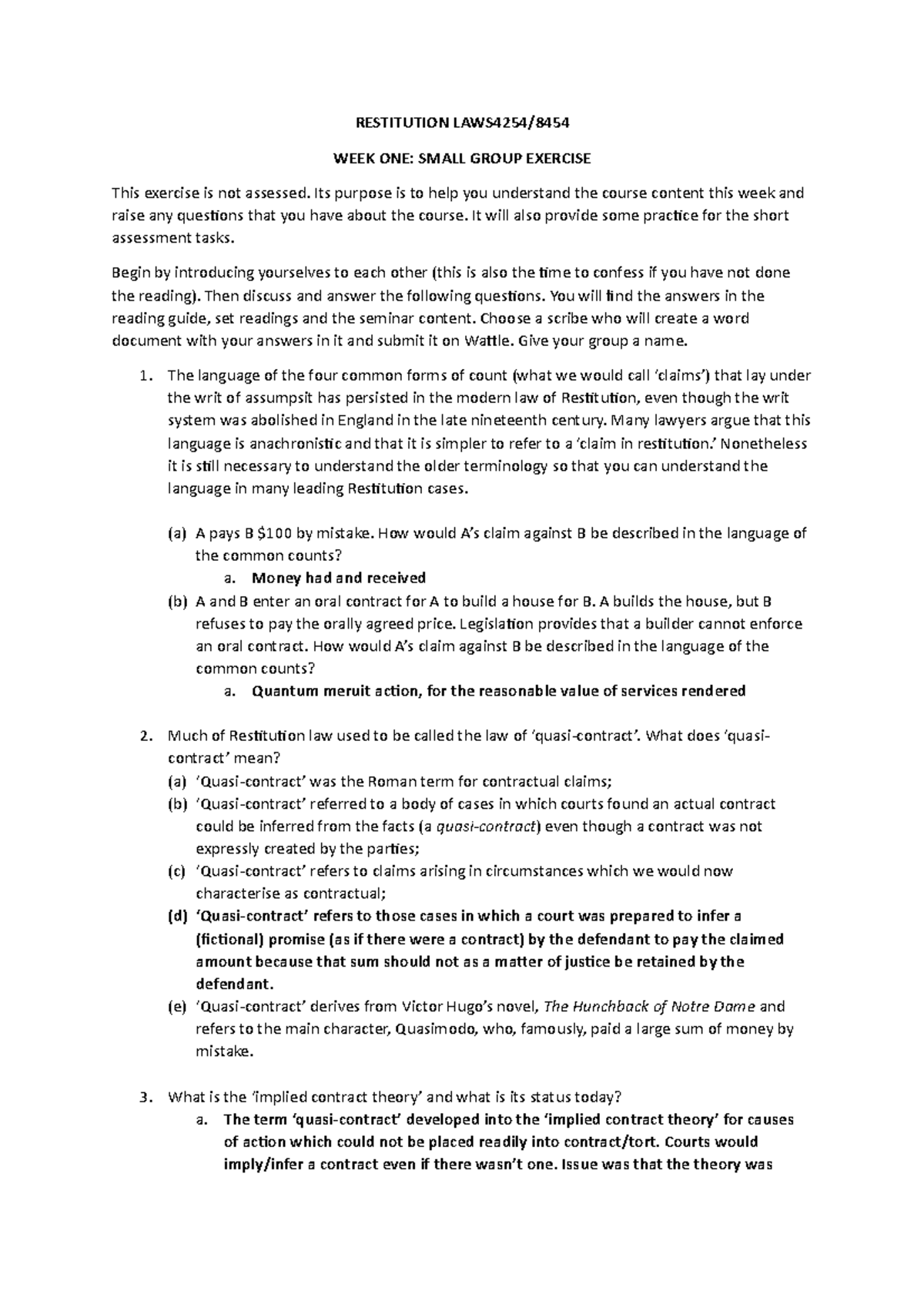 Week One in class group exercise - RESTITUTION LAWS4254/ WEEK ONE ...