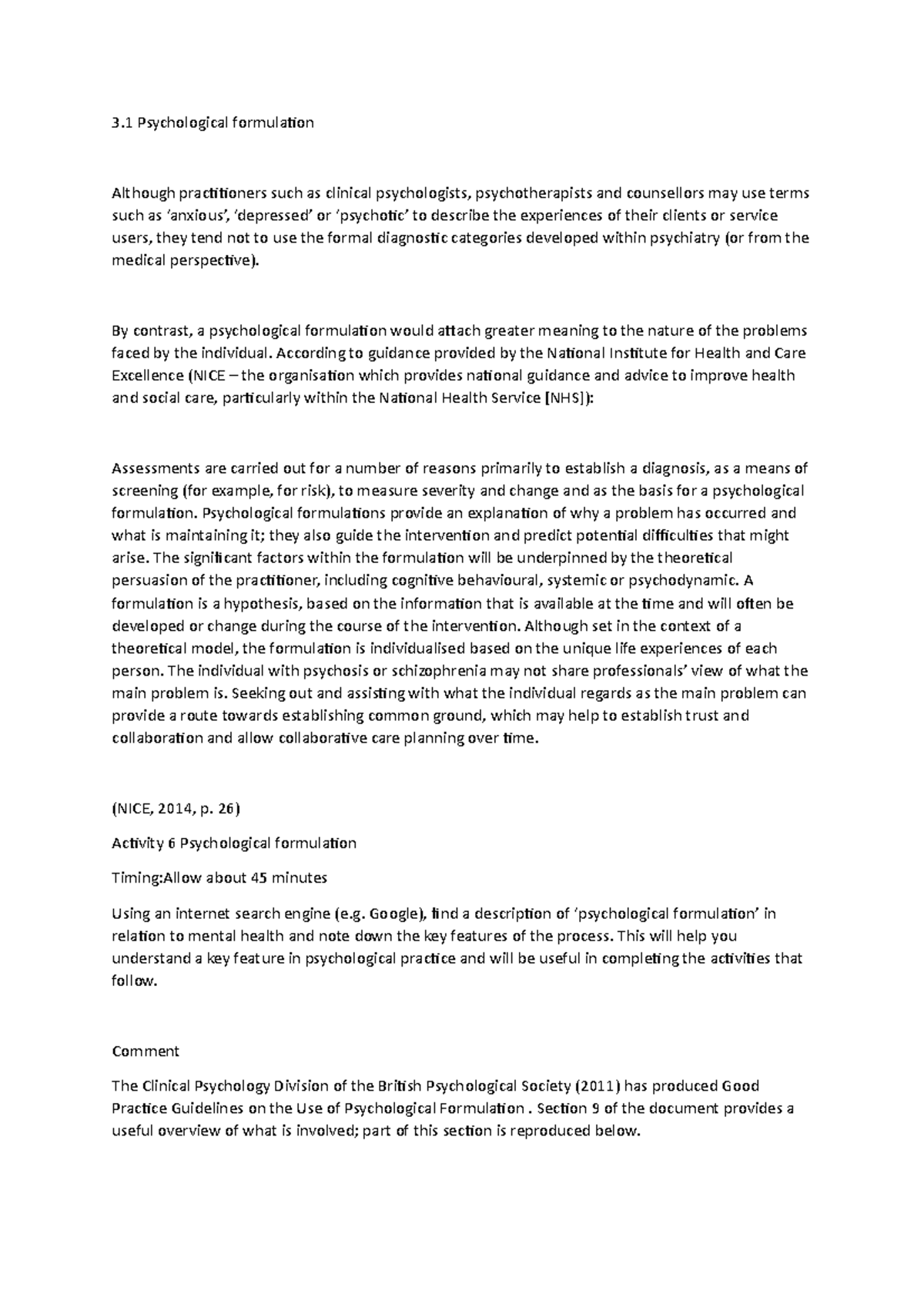 Psychological perspectives part 2 - 3 Psychological formulation ...