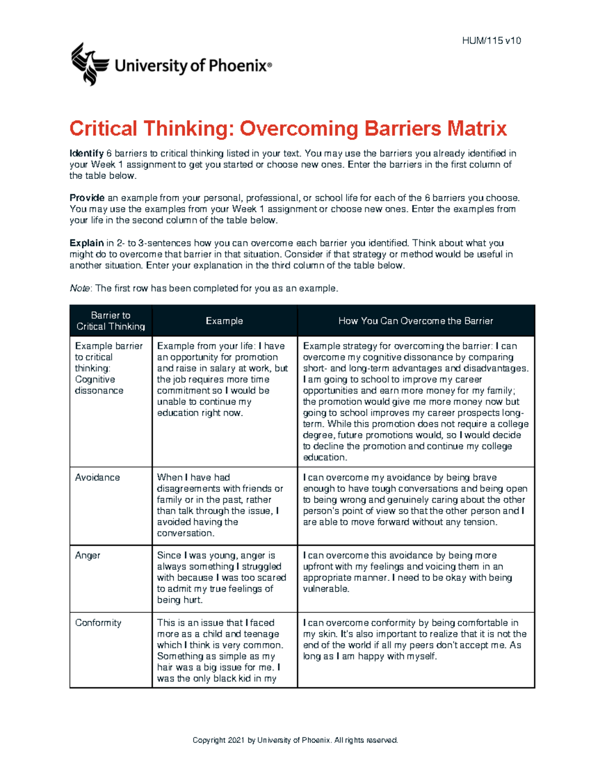 Week 3 Assignment - Overcoming Barriers - HUM/115 v Copyright 2021 by ...