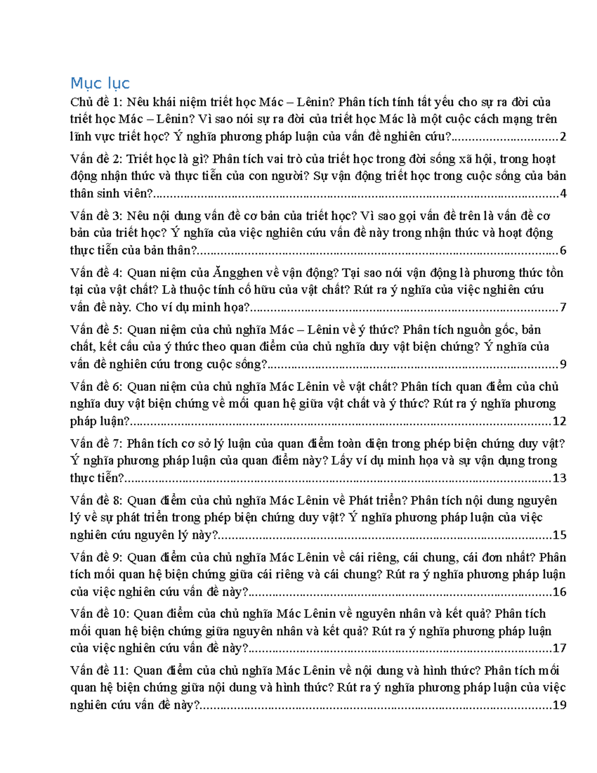 Triết đề cương - all about philosophy - Mục lục Chủ đề 1: Nêu khái niệm ...