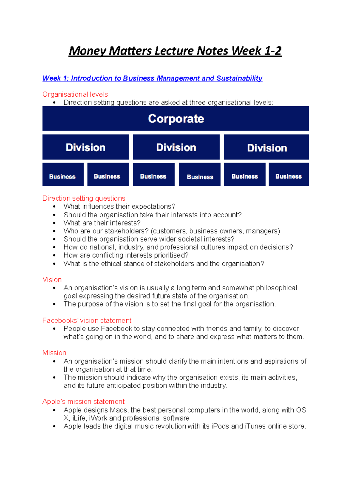 Money Matters Lecture Notes Week 1-2 - The purpose of the vision is to ...
