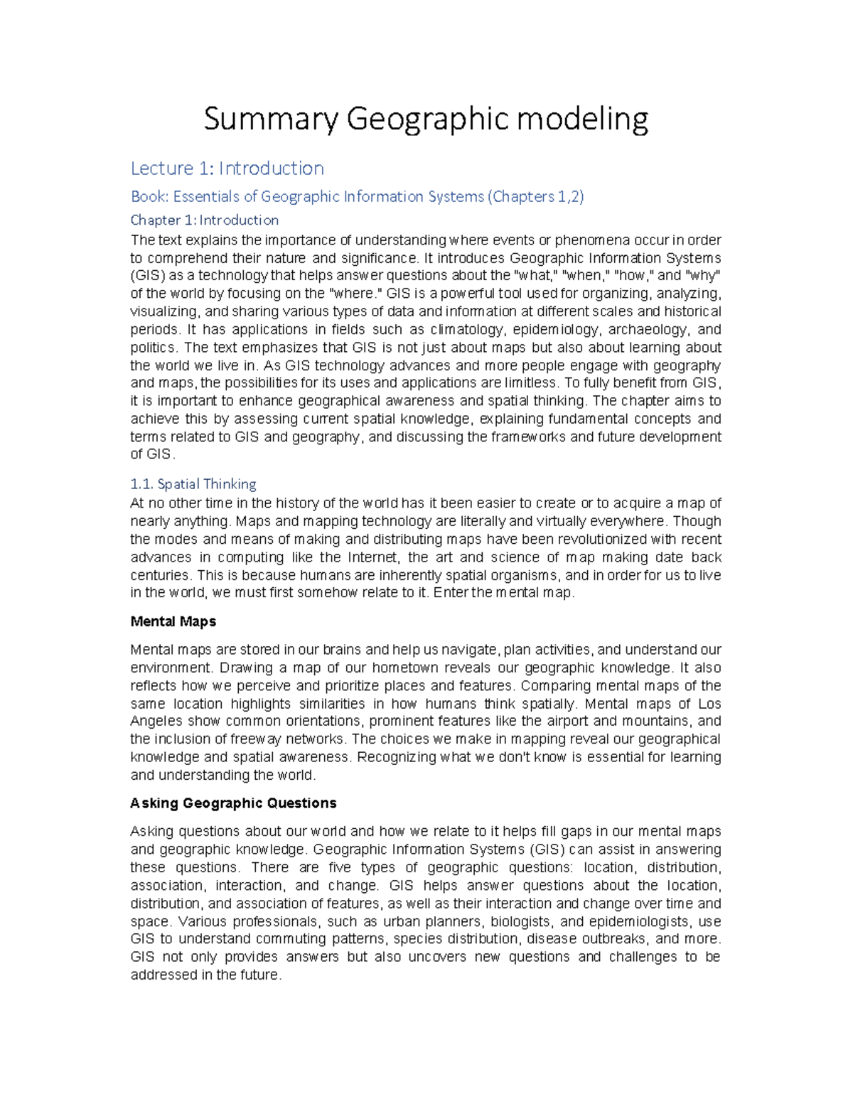 Summary geographic modeling including articles week 1-3 - Summary ...